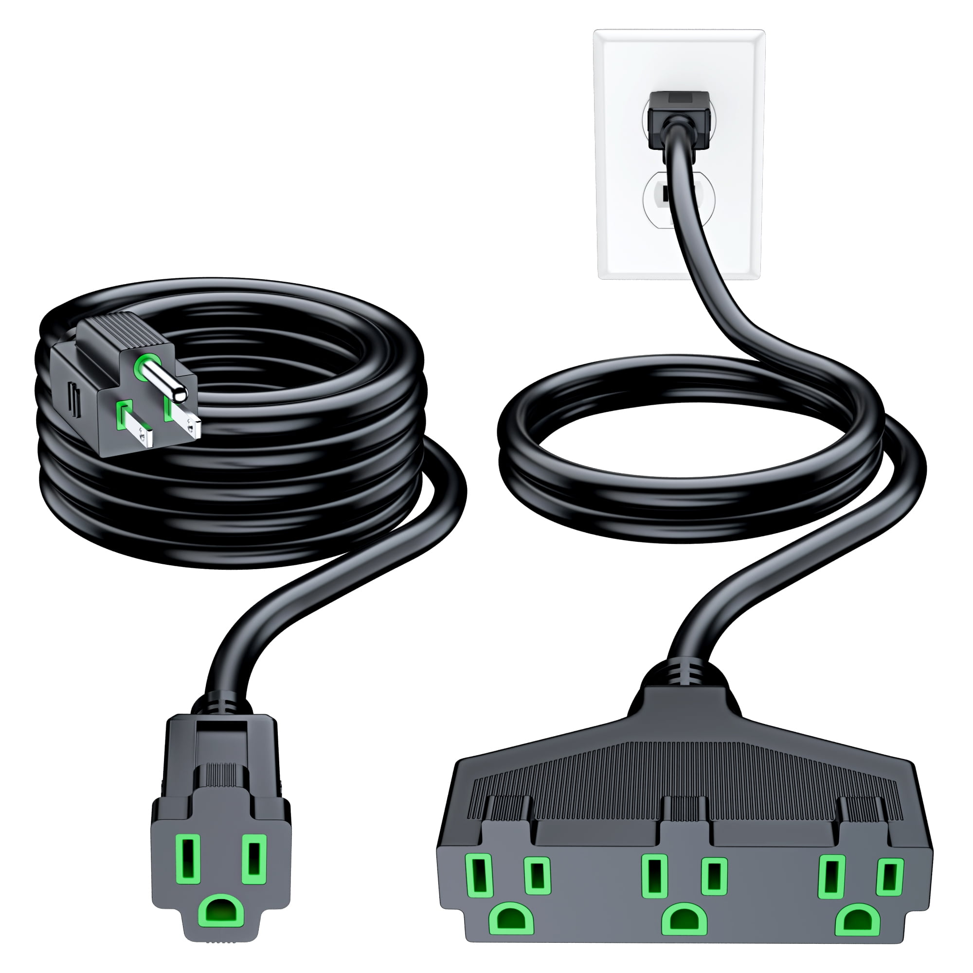 Maximm Extension Cord Combo 2 Pack - 2ft 14/3 Multi Outlet & 15ft 14/3 ...