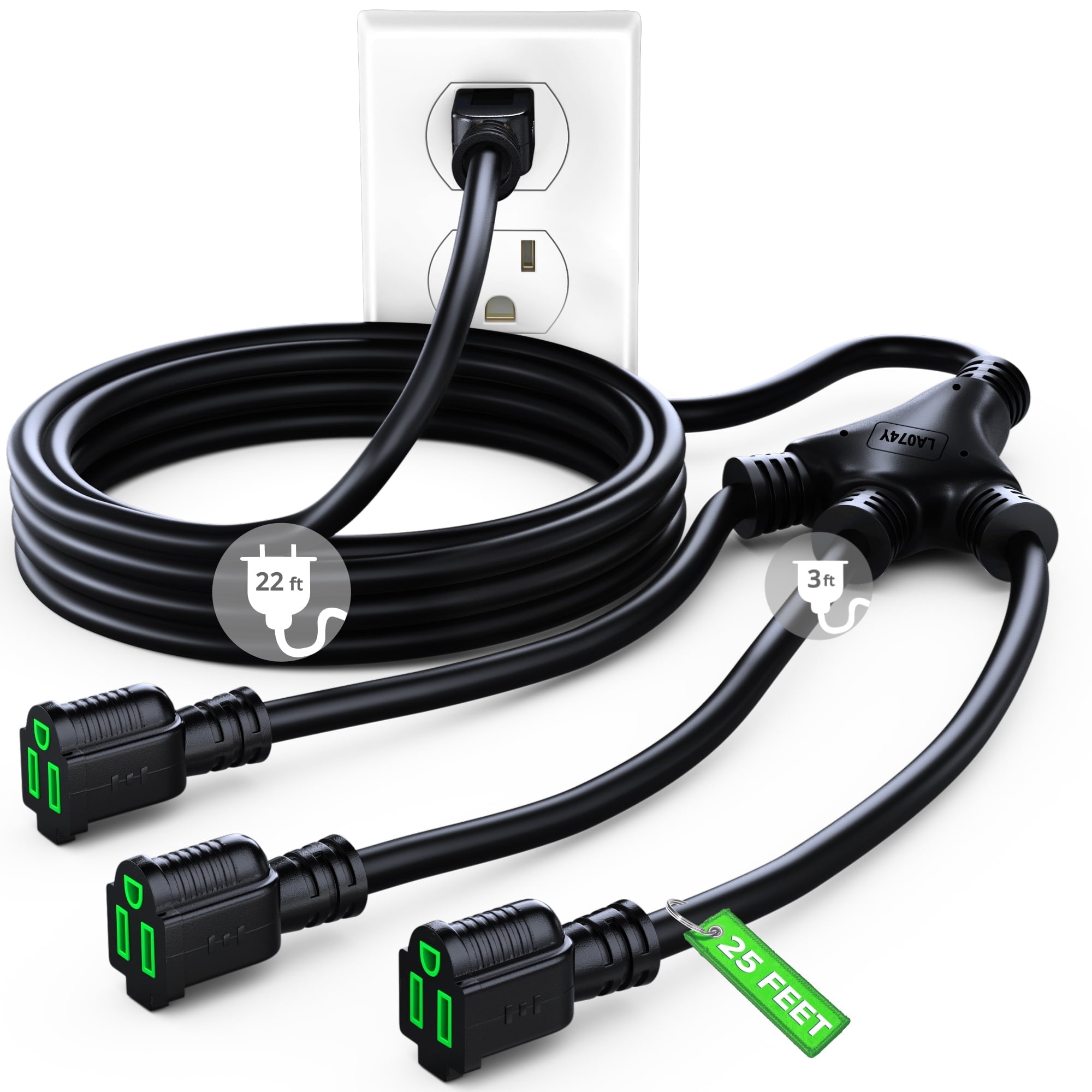 Maximm Extension Cord Splitter 12/3 AWG 1 to 3 Outlet, 25 Ft Black ...
