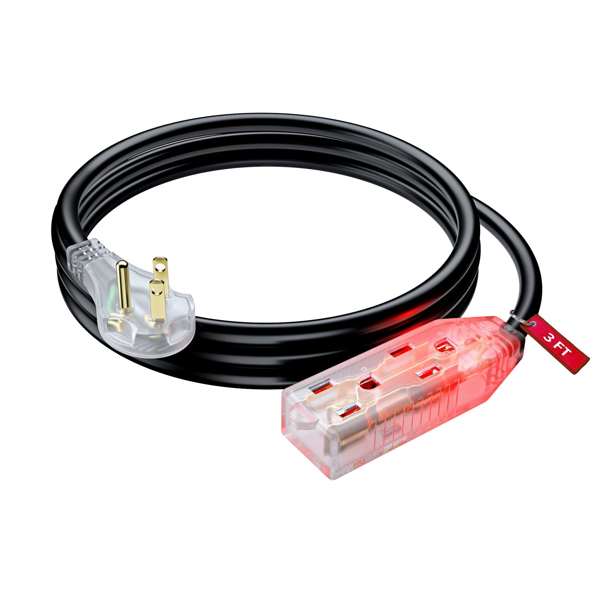 Maximm Flat Plug Extension Cord - 3 Feet 16 AWG/Wire, Multi Outlet - 3 ...