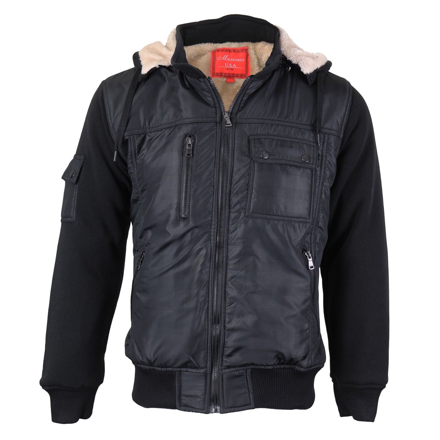 Maximos Men's Sherpa Lined Removable Hood Multi Pocket Zipper Bomber ...