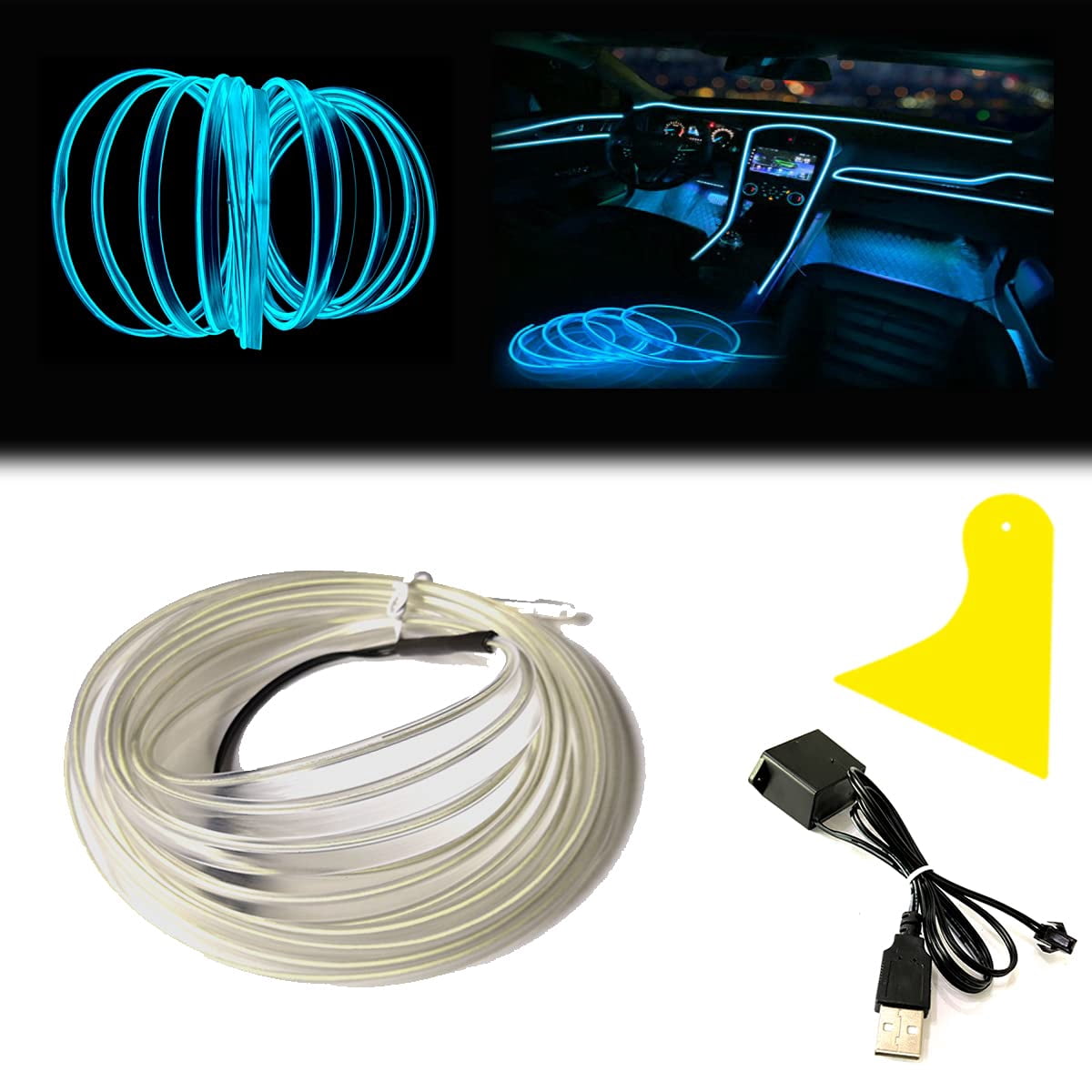 Maxlaxer El Wire Ice Blue Interior Car LED Strip Lights, 5M Neon Wire ...