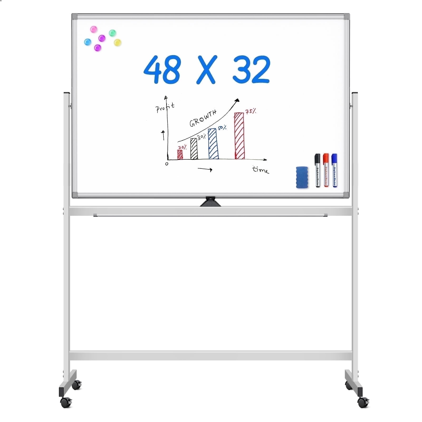 Maxtek Large Rolling Whiteboard on Wheels, 48" x 32" Magnetic Dry Erase ...