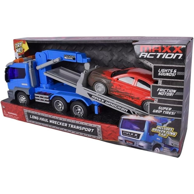 Maxx Action Long Hauler Wrecker with Car, Lights and Sound, Sturdy ...
