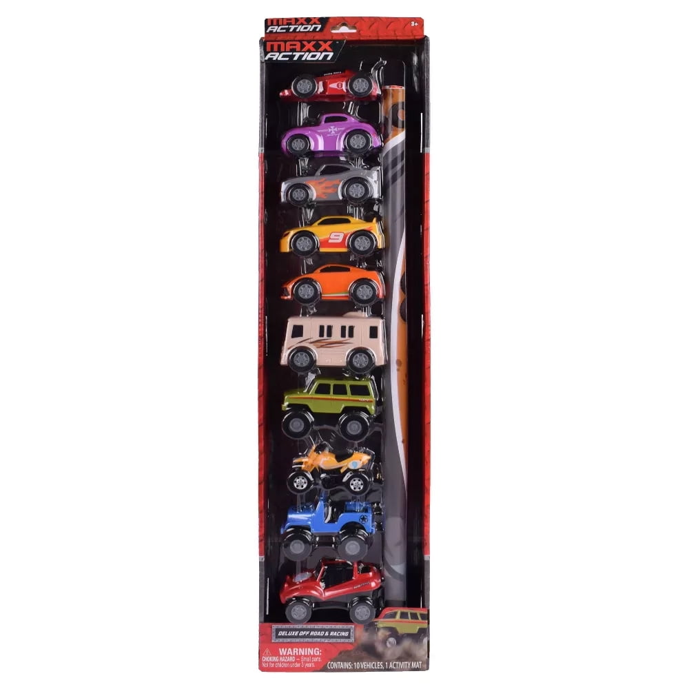 Maxx Action Mini Race and Off Road Vehicles w/ Play Mat 10pk - Walmart.com