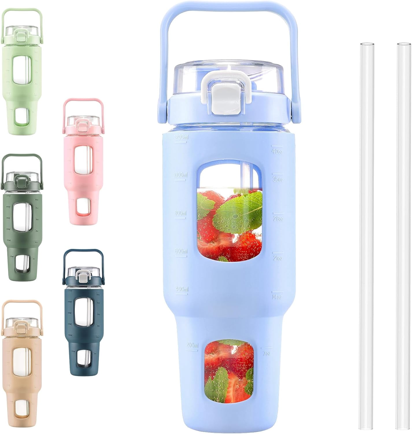 MaxxMarket 40oz Glass Water Bottles with Straw Time Marker Half Gallon ...