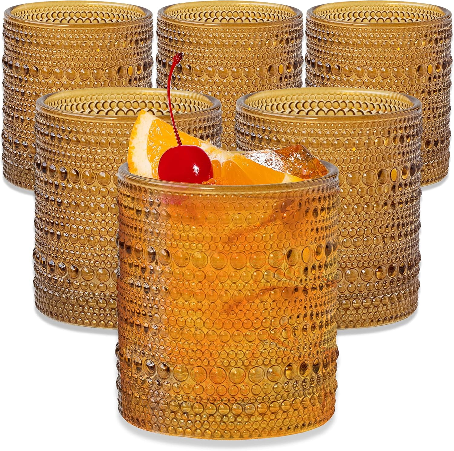 MaxxMarket Beaded Amber Drinking Glasses Set of 6-10 oz Vintage ...