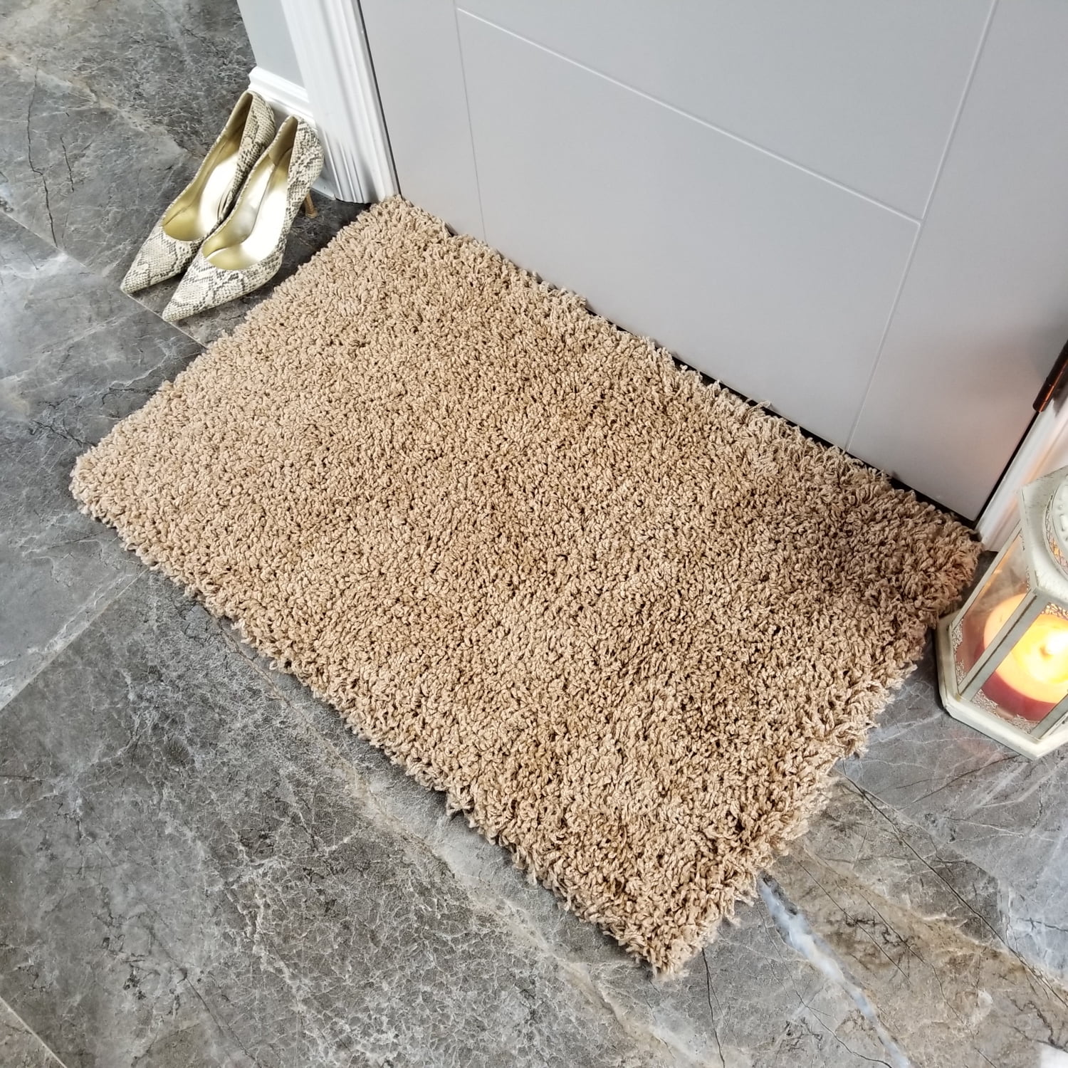 Maxy Home Bella Solid Beige 1 ft. 8 in. x 2 ft. 7 in. Shag Door Mat ...