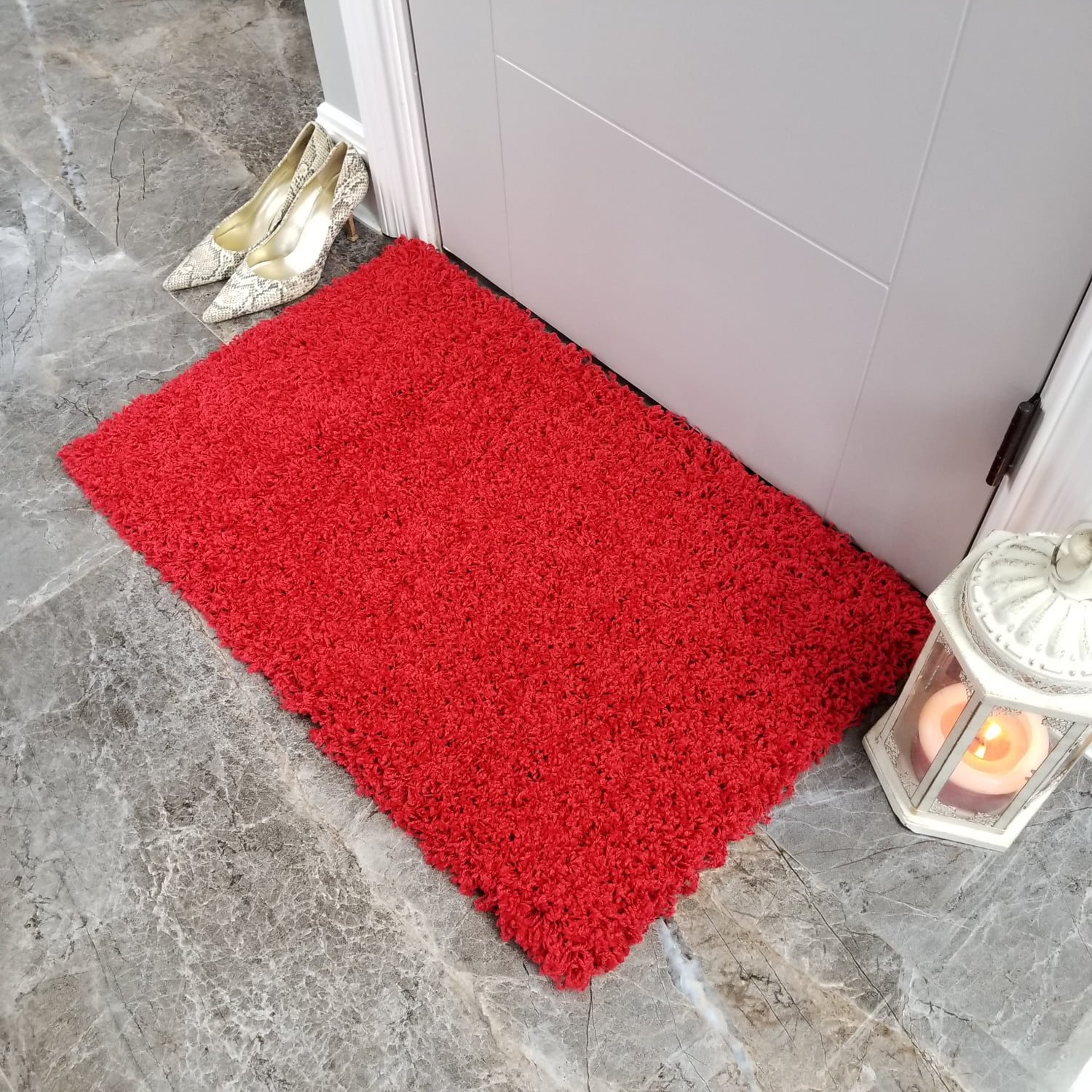 Maxy Home Bella Solid Red 1 ft. 8 in. x 2 ft. 7 in. Shag Door Mat ...