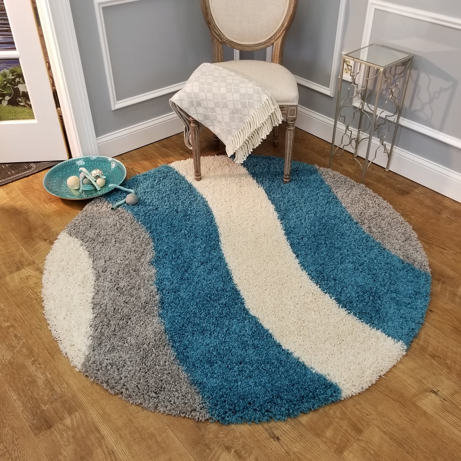 Maxy Home Bella Striped Multicolor 5 ft. Round Shag Area Rug - Walmart.com