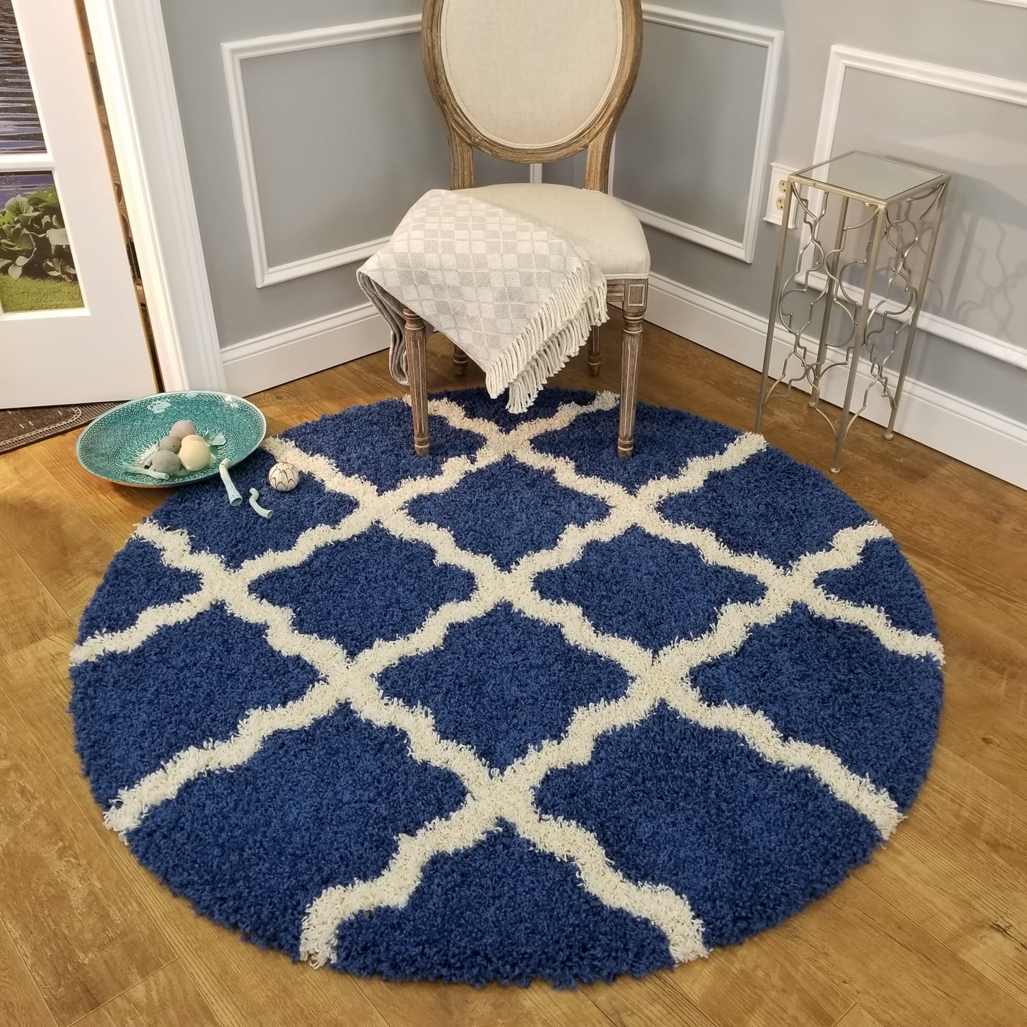 Maxy Home Bella Trellis Blue 5 ft. Round Shag Area Rug - Walmart.com