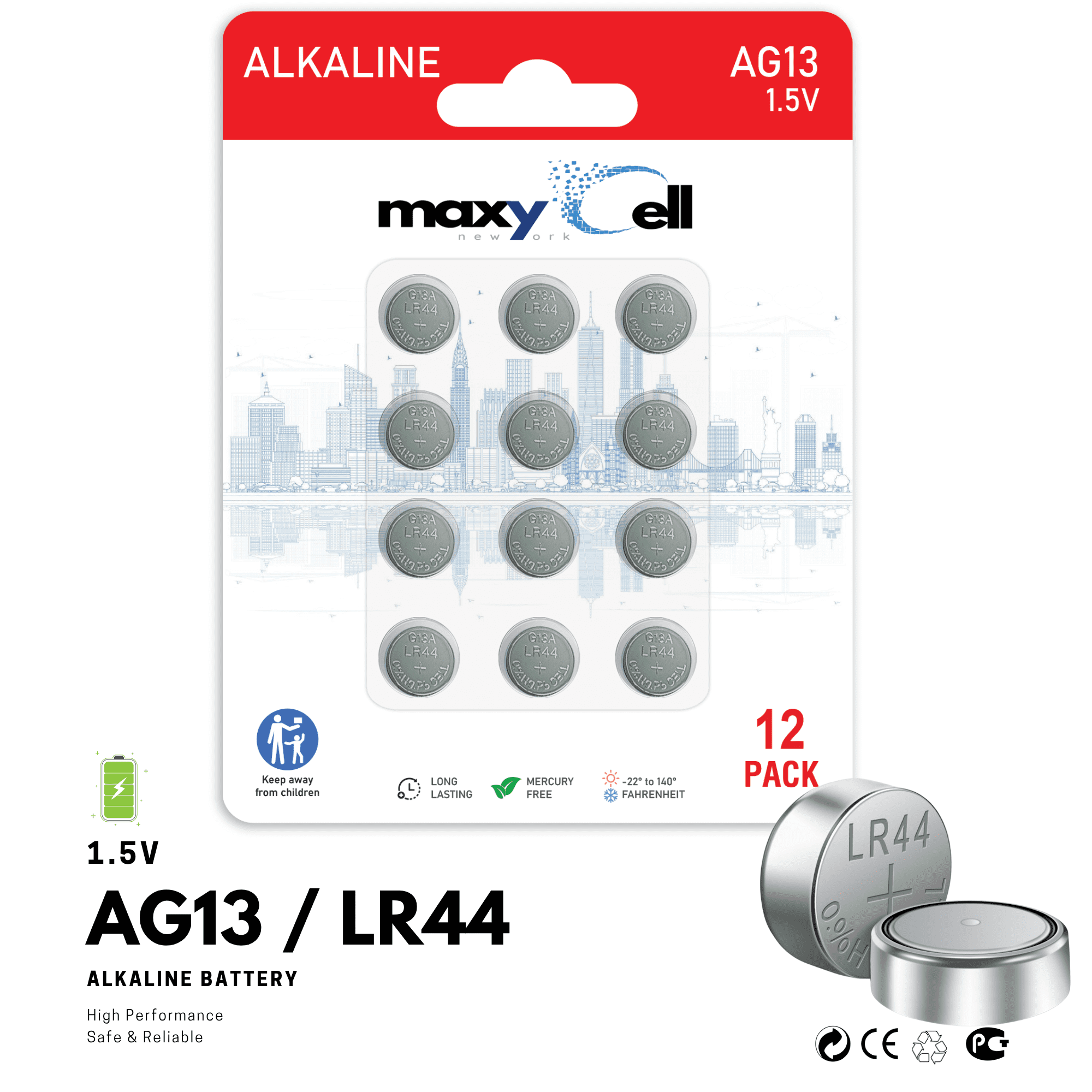 MaxyCell AG13 LR44 Alkaline Button Coin Cell Battery 1.5V Long-Lasting Reliable Power for ...