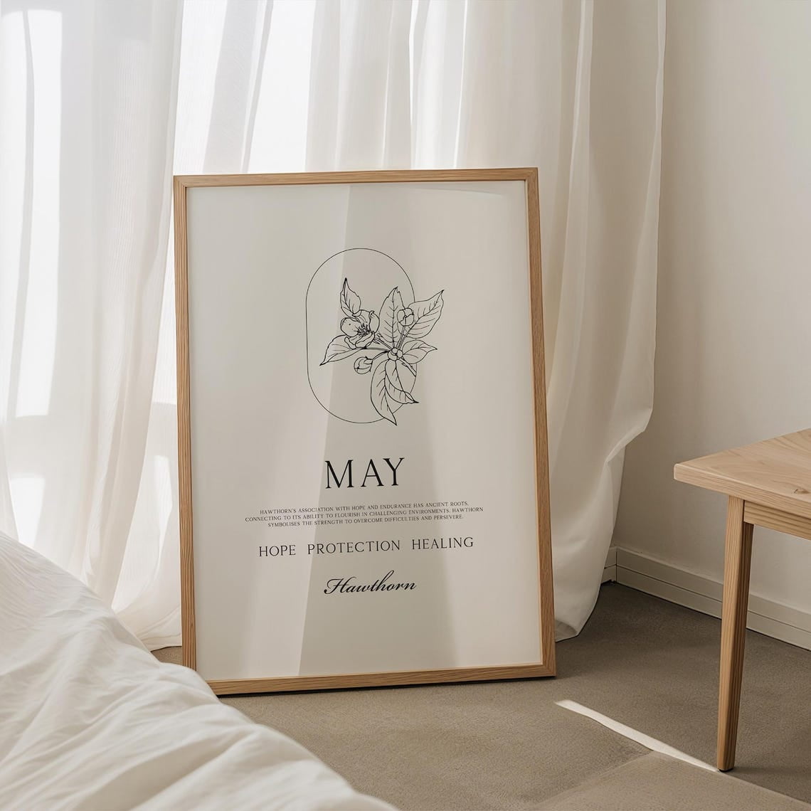 May Birth Flower Print, Meaning Hawthorn Line Drawing Birthday Home ...