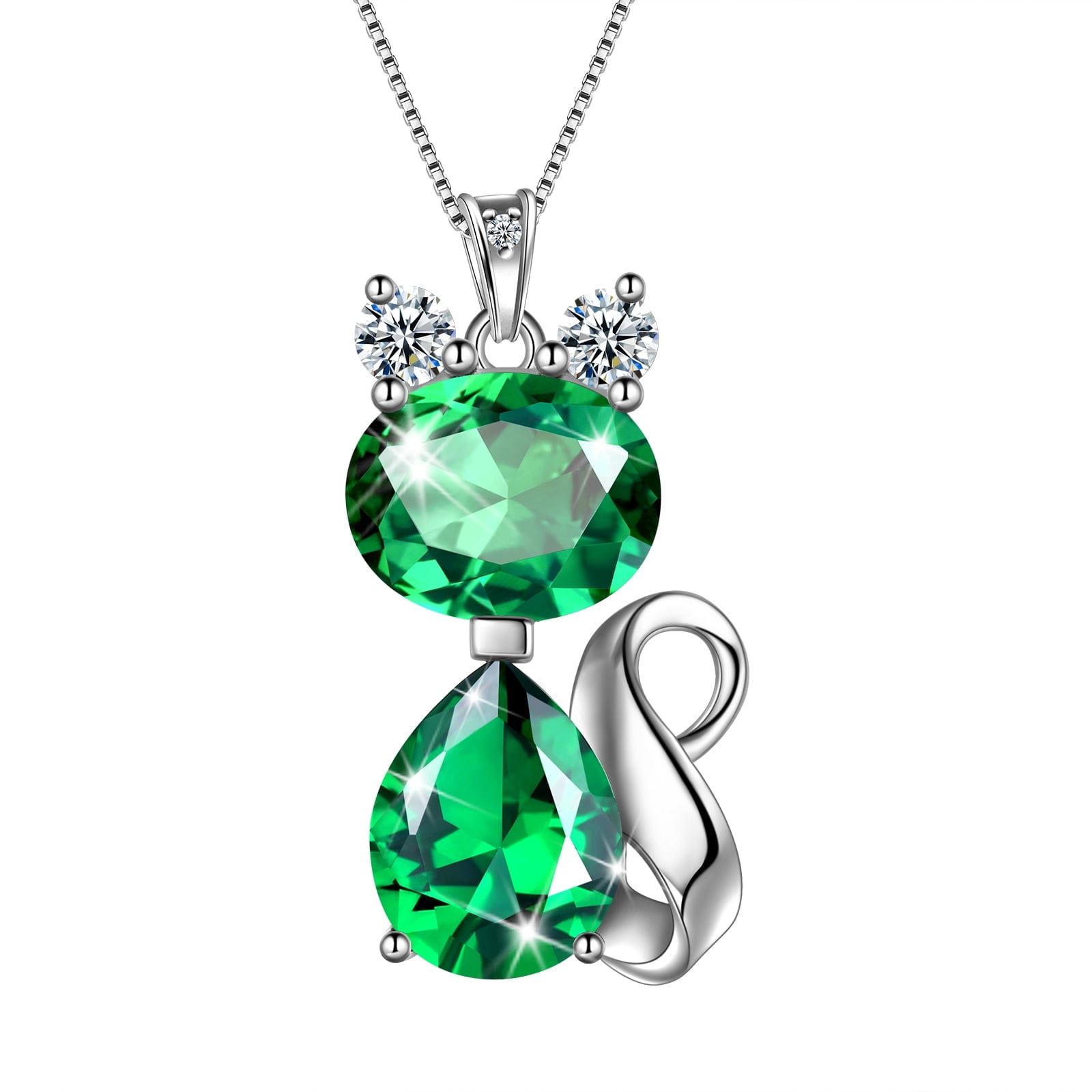 May Birthstone Necklace Cat Pendant Charms Green Emerald Necklaces 925 ...