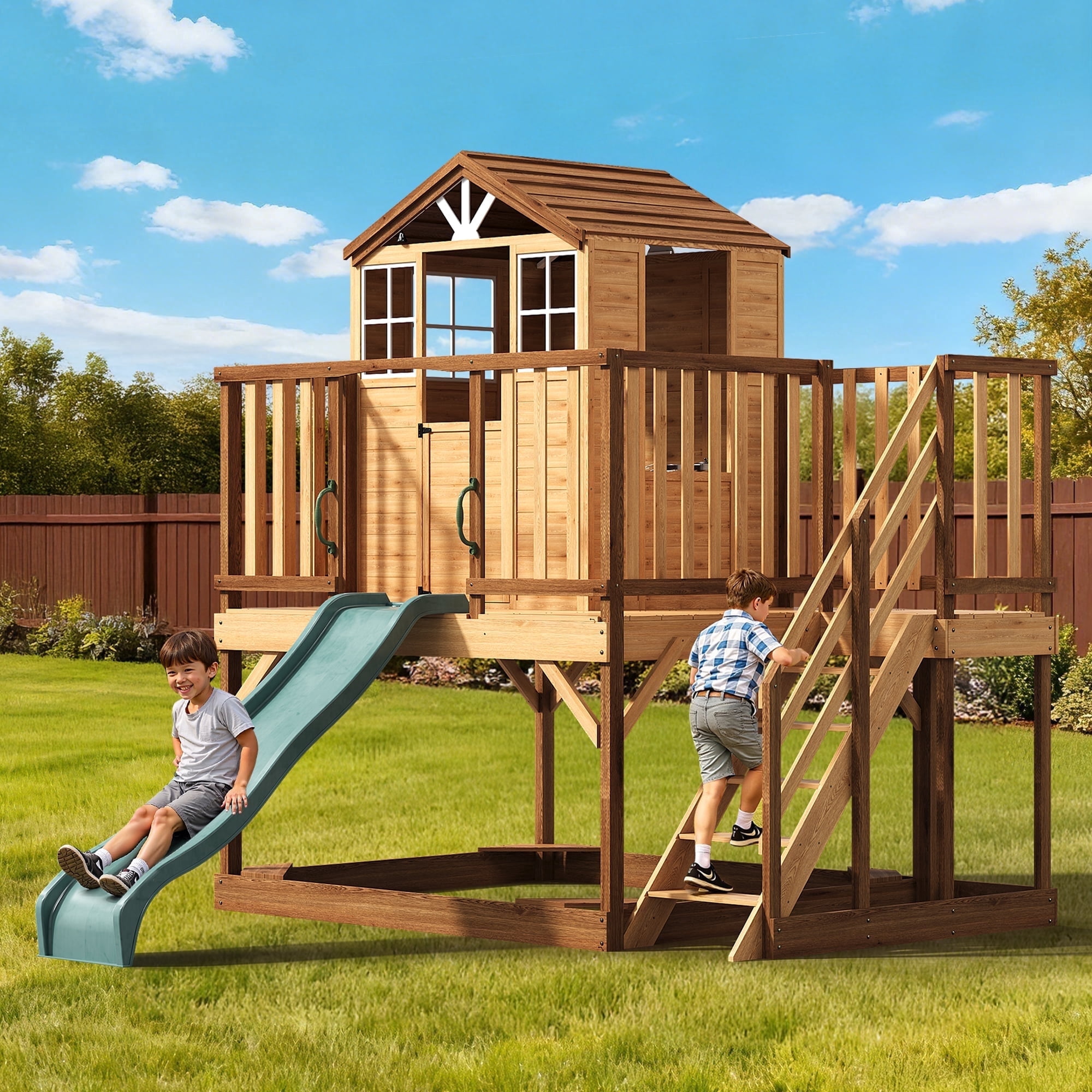 May in Color 9-in-1 Outdoor Wooden Playhouse with Slide & Sandbox ...