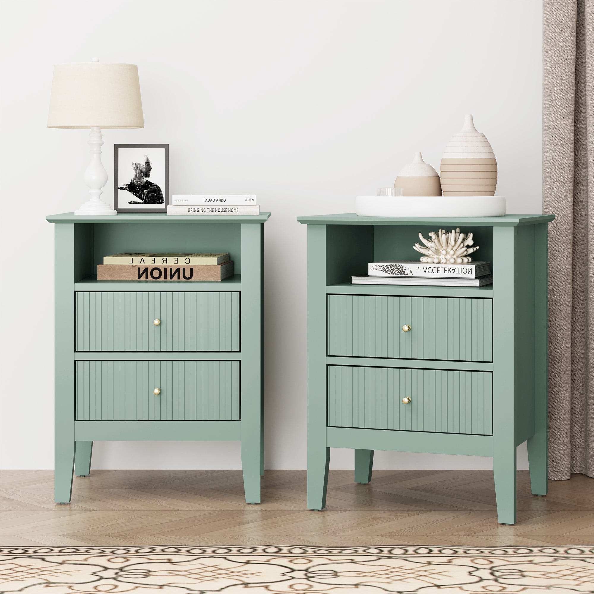 May in Color Green Fluted Nightstand with 2 Drawers Set of 2, Modern ...
