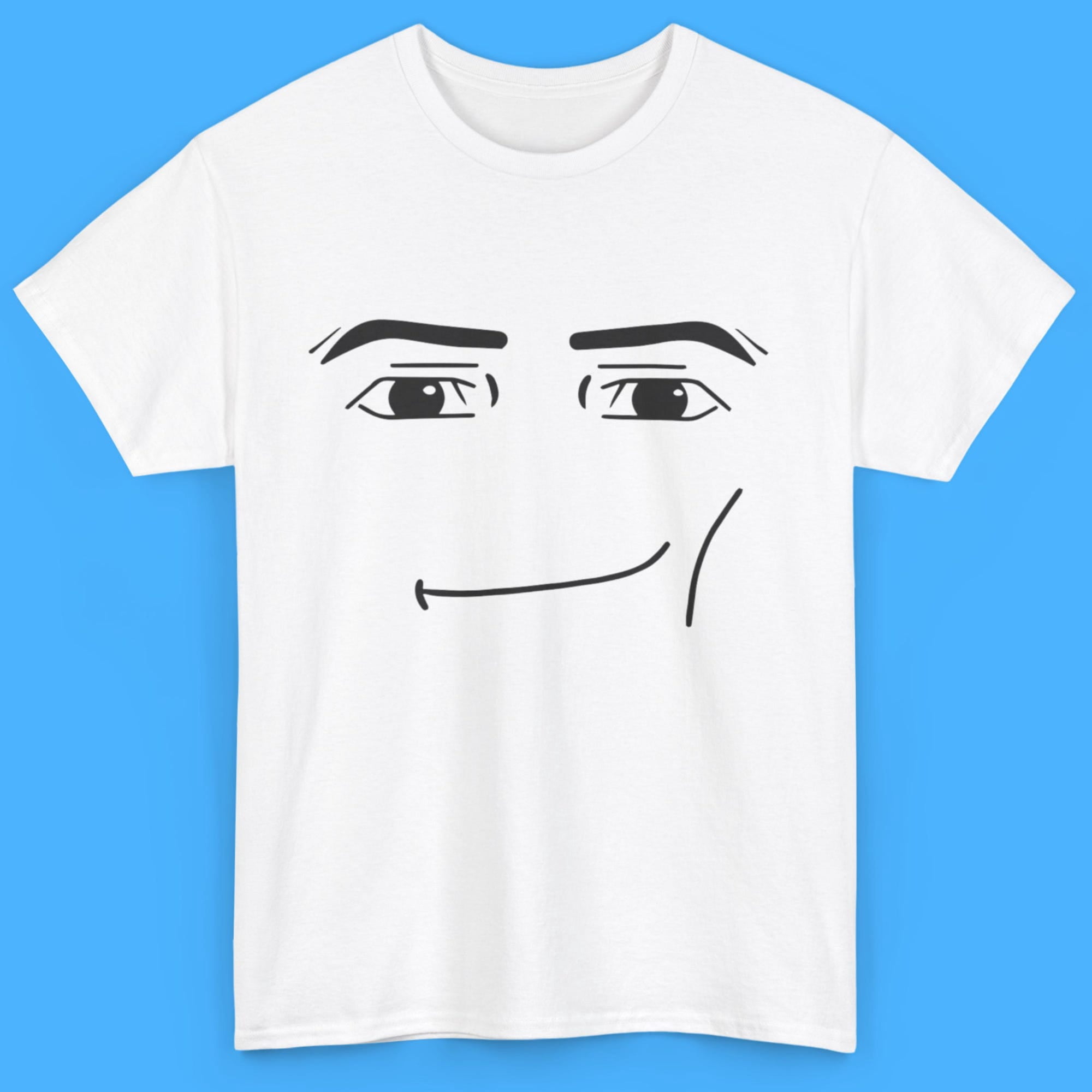 May include White tshirt with a black line drawing of a face with a ...