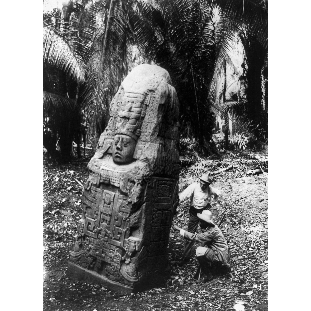 Mayan Monument C1915. Nmen Inspecting An Ancient Mayan Stone Monument ...
