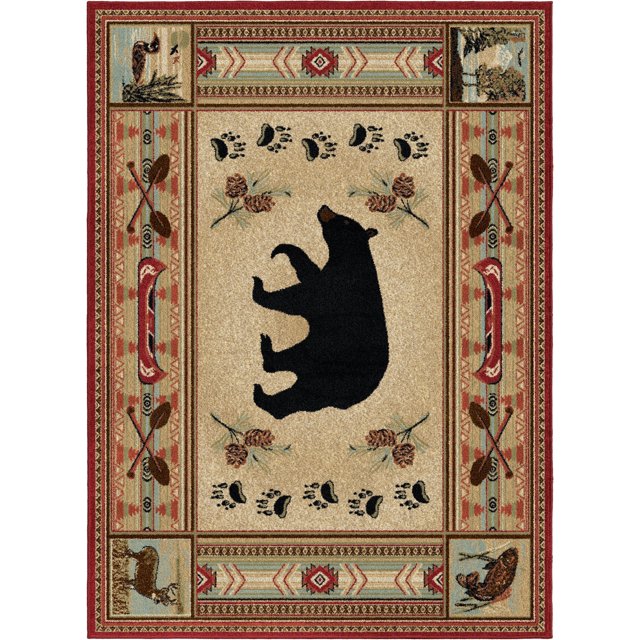 Mayberry Rug HS4882 5X8 5 ft. 3 in. x 7 ft. 3 in. Hearthside Woodlands Bear Area Rug, Red ...