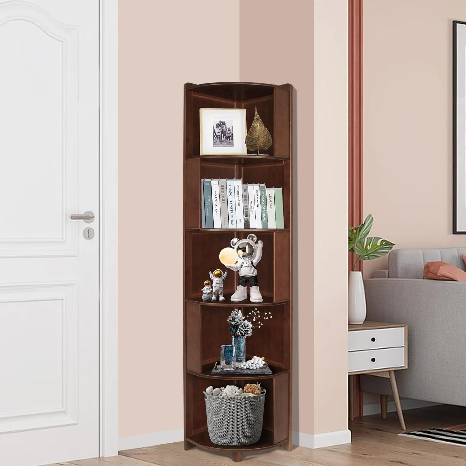 Maydear 5-Tier Corner Bookshelf Bamboo Corner Bookcase, Mid Century ...