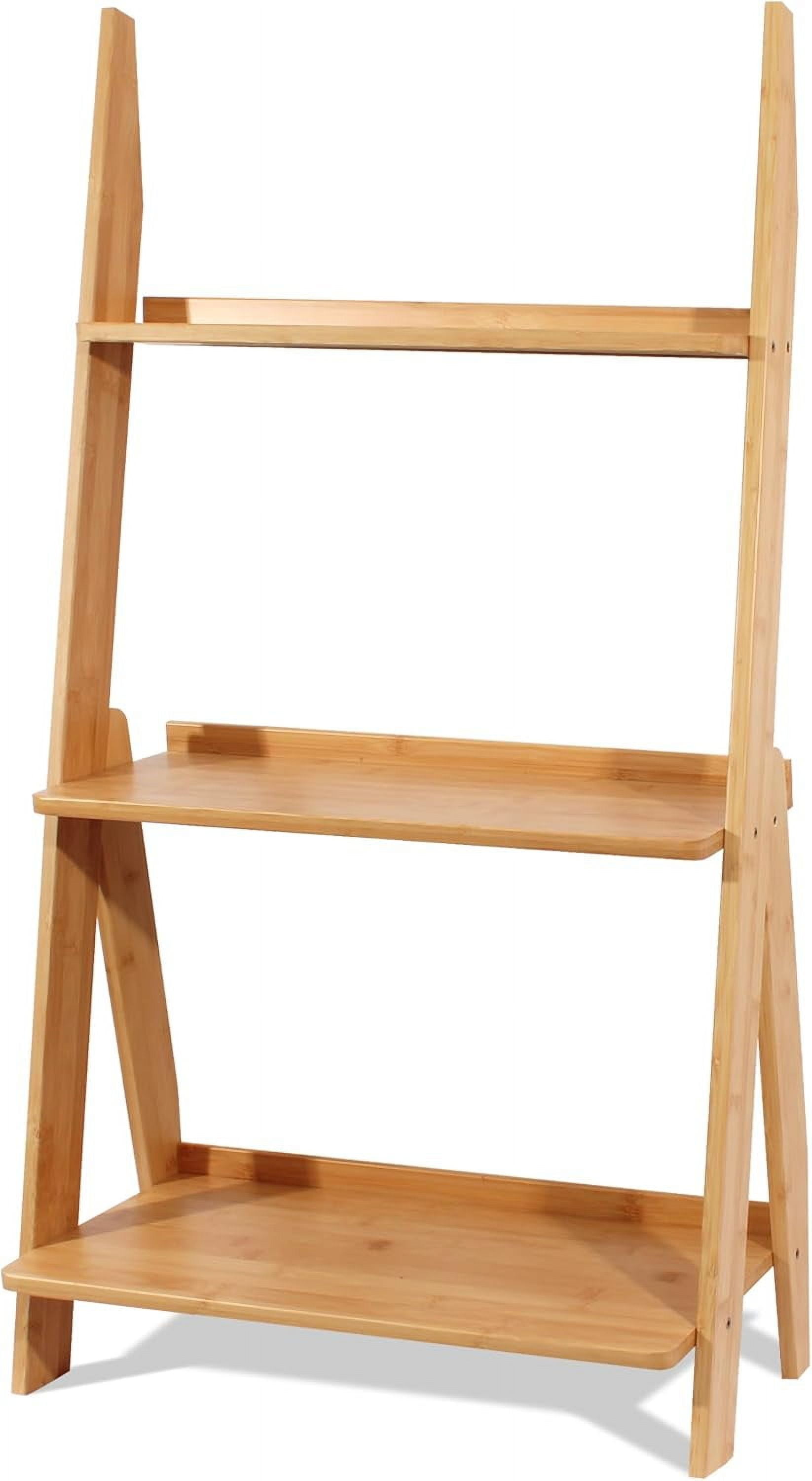 Bamboo Ladder Shelf Bookcase, 3-Tier Leaning Bookshelf Free Standing ...