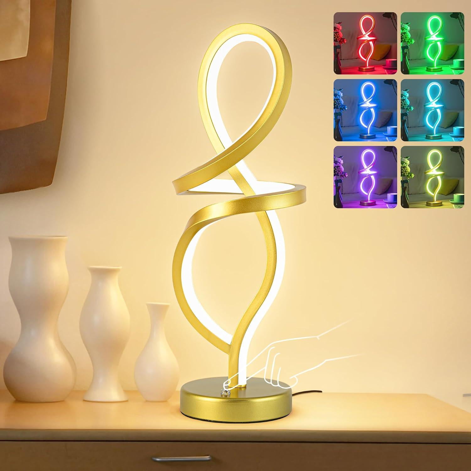 Mayful Modern RGB Table Lamp with LED Spiral Design, Gold Bedside Lamp ...