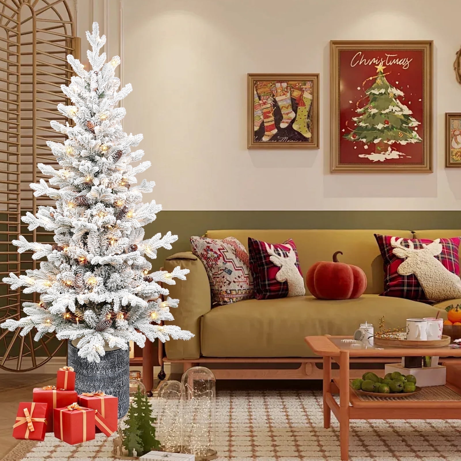 Mayhihi 3FT Pre-Lit Potted Flocked Christmas Tree, Snow Frosted Mini Tabletop Artificial Xmas ...