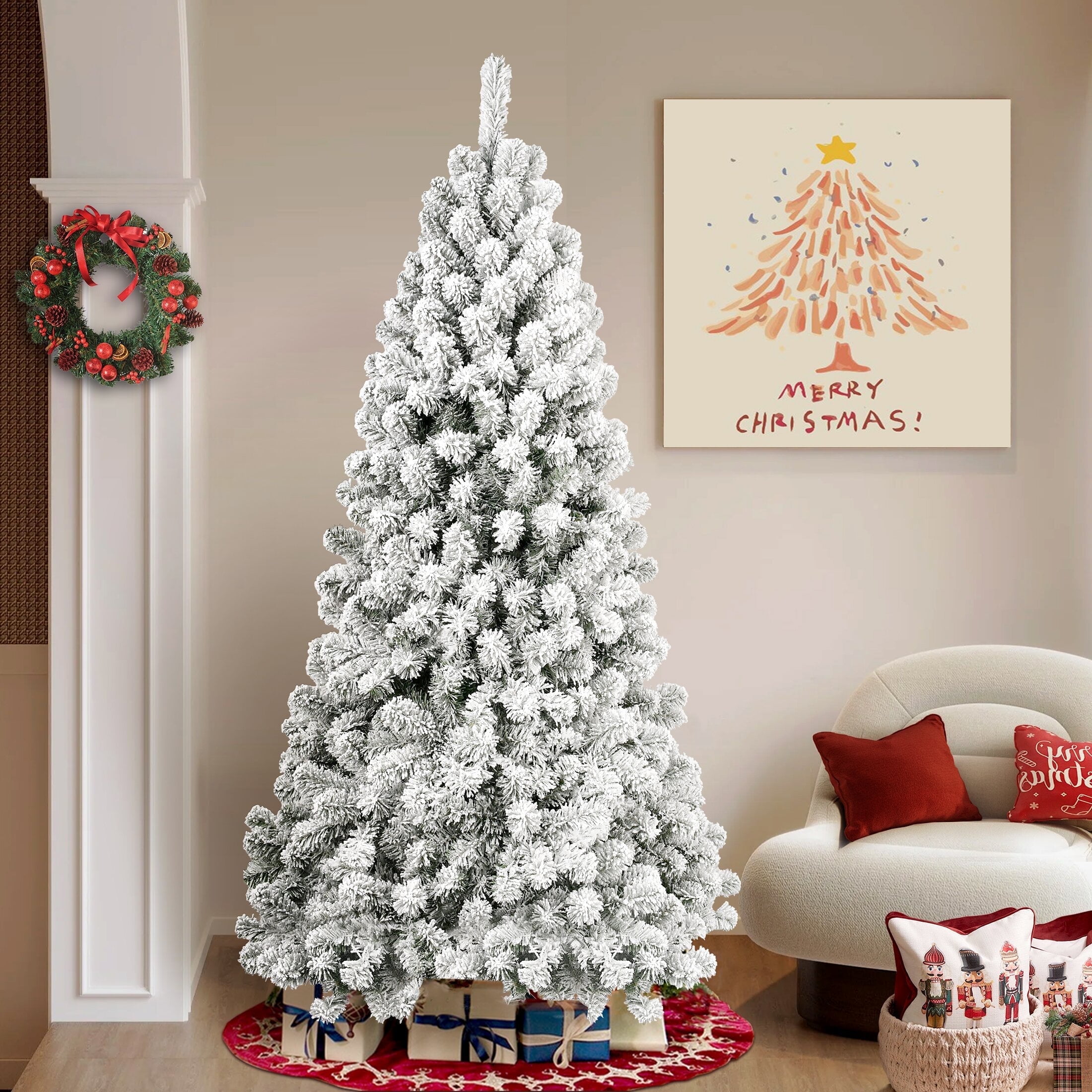 Mayhihi Artificial Christmas Tree, 7.5ft Unlit Snow Flocked Design Pine ...