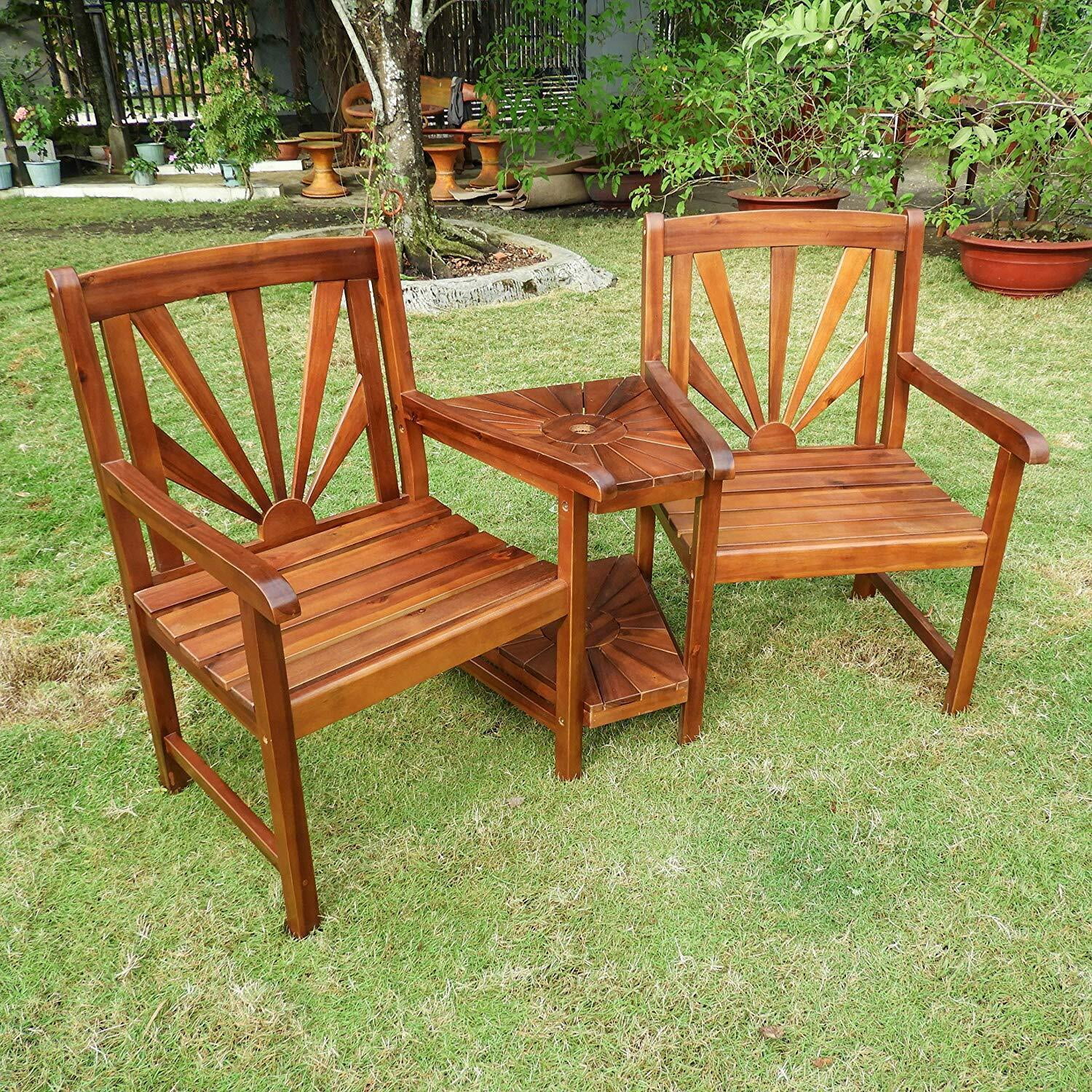 Acacia Double Conversational Chair - Stain Brown Finish - Outdoor Patio ...