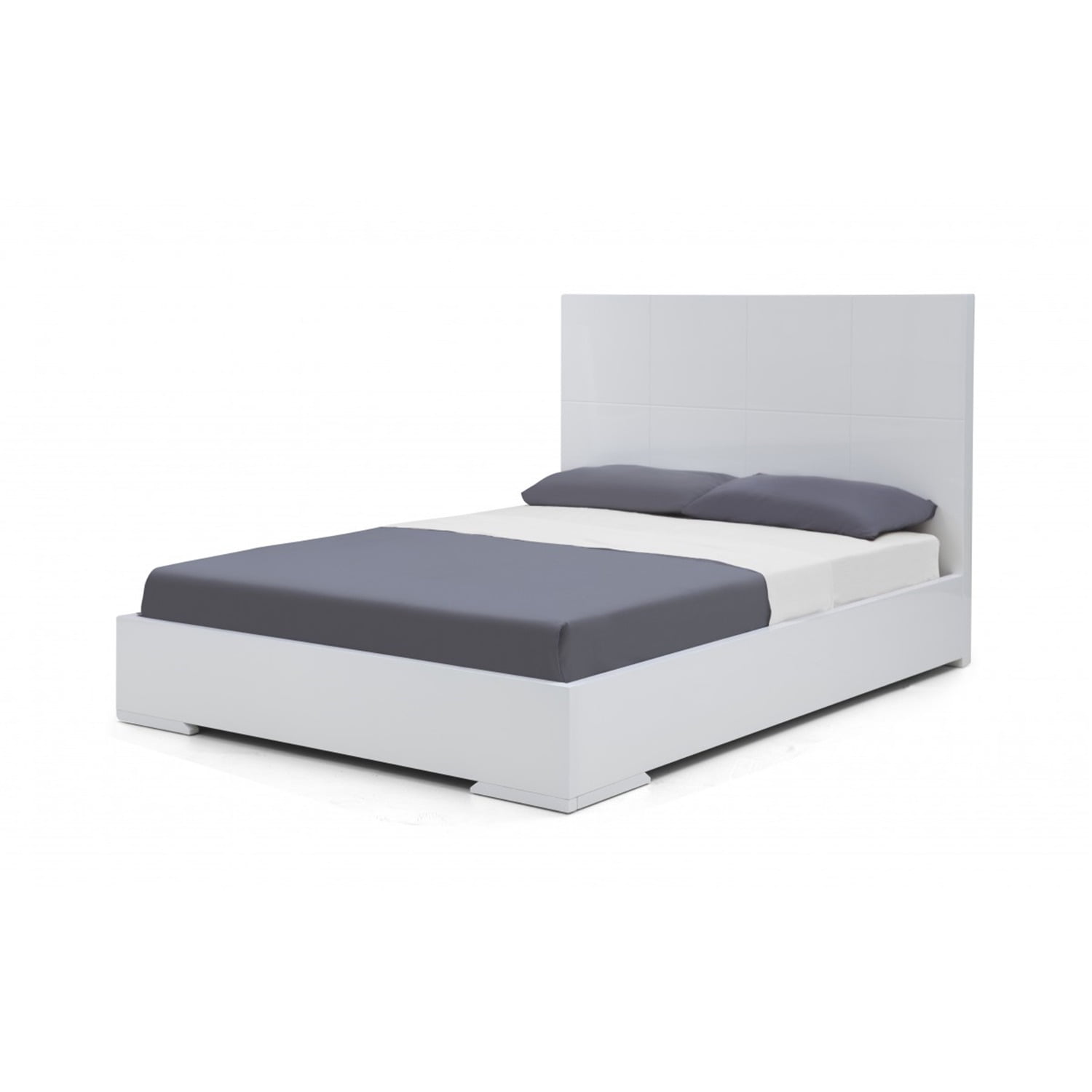 Queen Size Platform Bed - Modern Square Headboard, High Gloss White ...