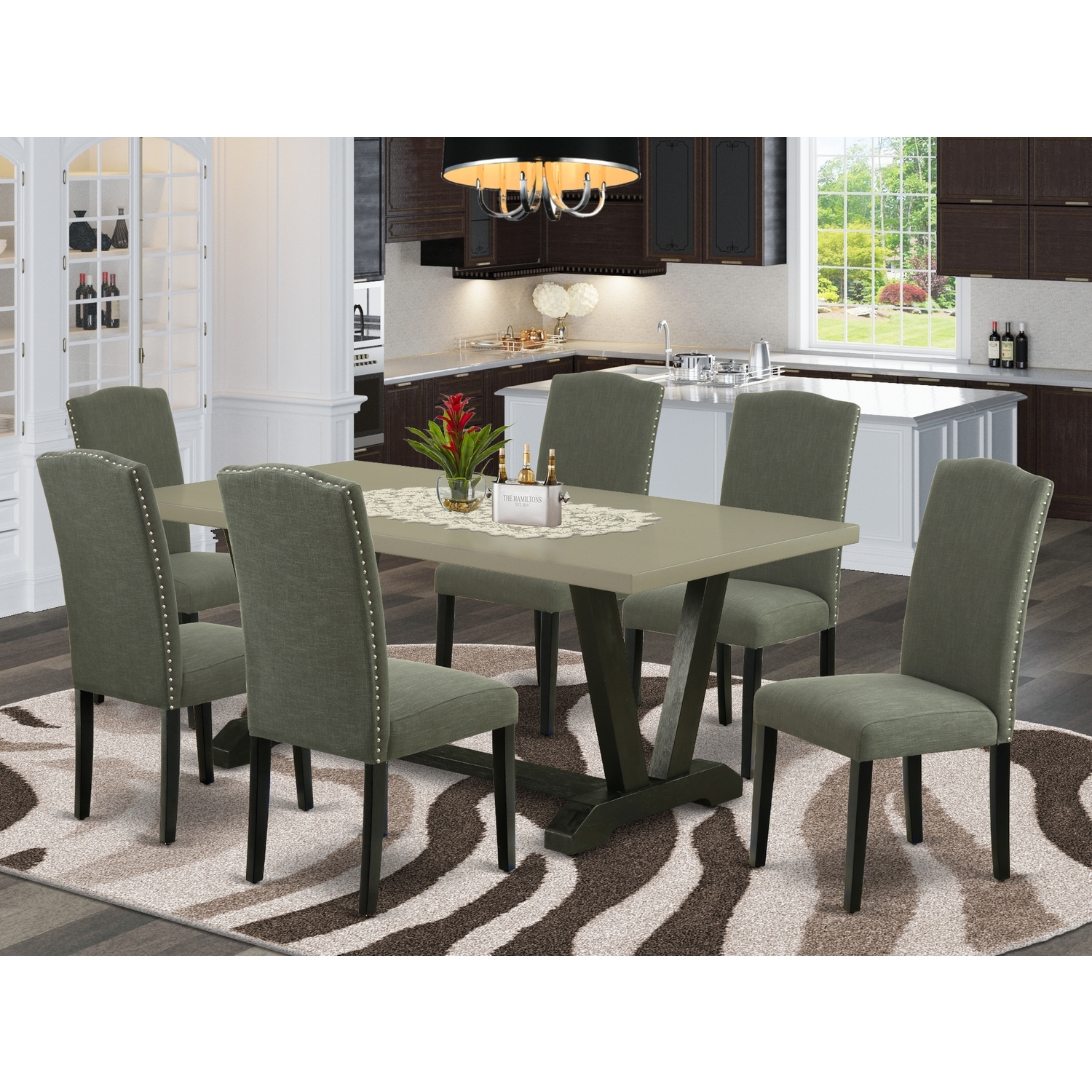 Modern 7 Piece Dining Set - Rectangle Table6 Linen Fabric Chairs ...