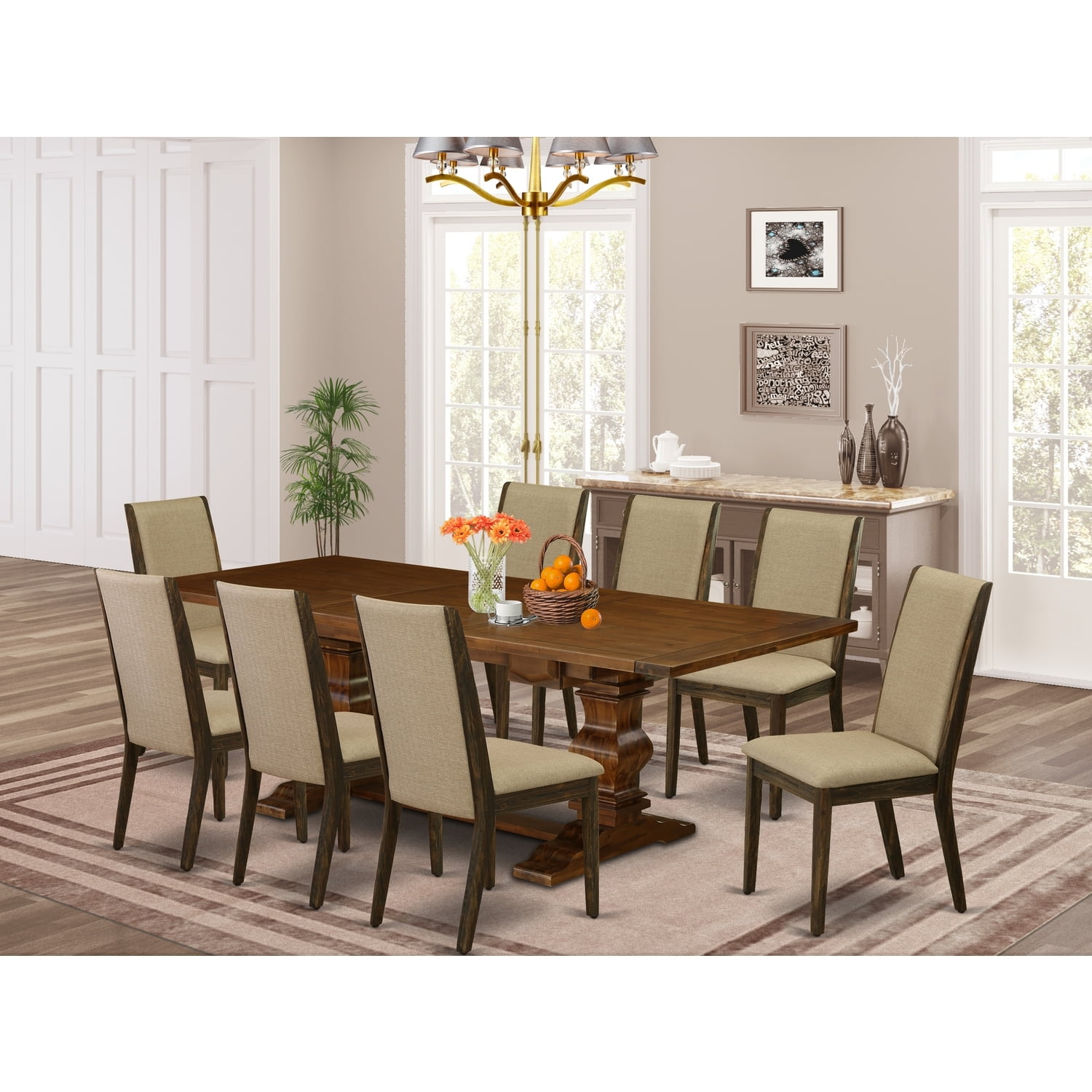 Maykoosh African Artifacts 9-Pc Modern Dining Table Set With Chair S Legs And Dark Khaki Linen ...