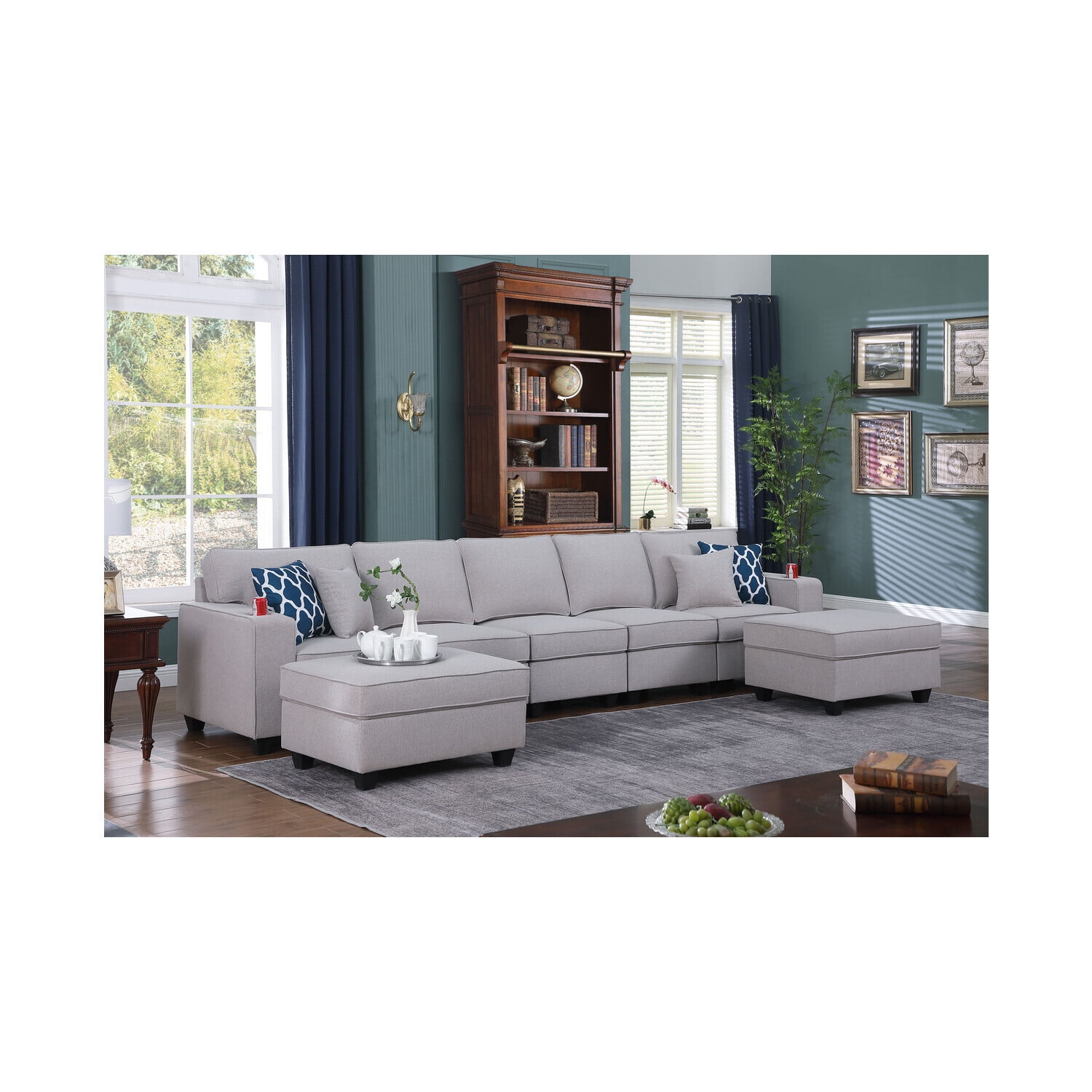 Maykoosh Antique Ambiance Linen 5-Seater Sofa with 2 Ottomans and ...