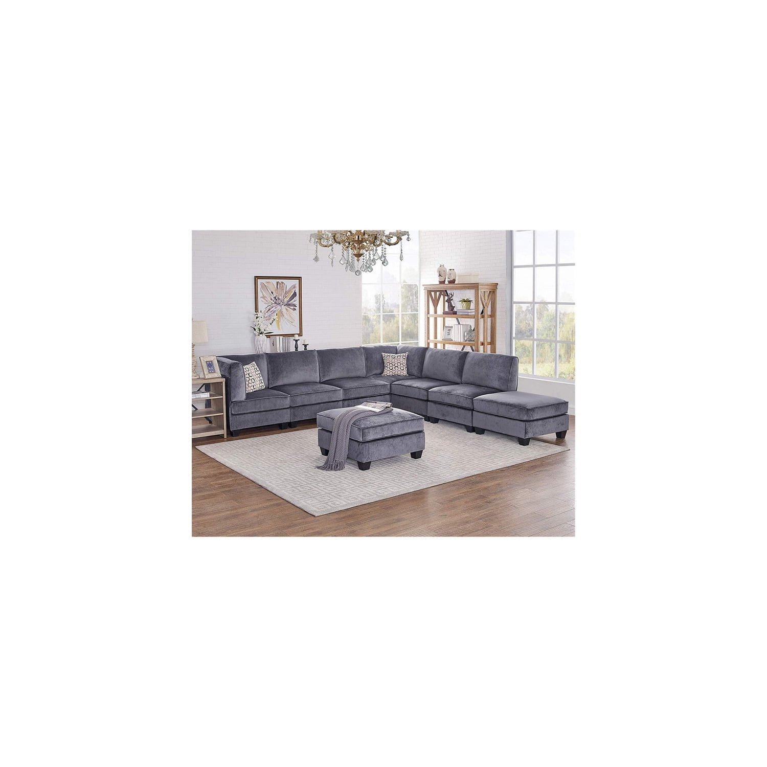 Maykoosh Art Deco Dreams Gray Velvet 8 Piece Modular Sectional Sofa ...