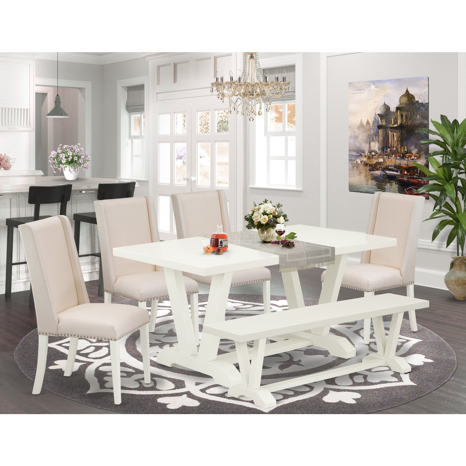 6-Piece Dinette Set - Kitchen Table with ChairsBench - Cream Linen ...