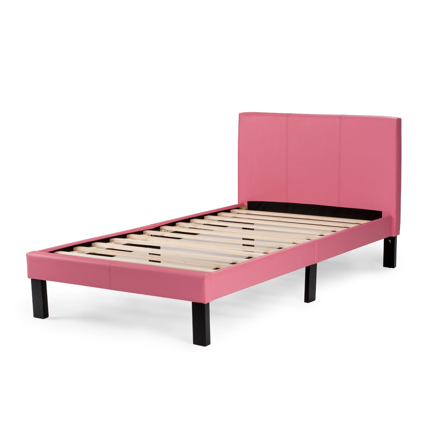 Twin Bed Frame Faux Leather Modern Design Slat Support Square Legs Pink ...
