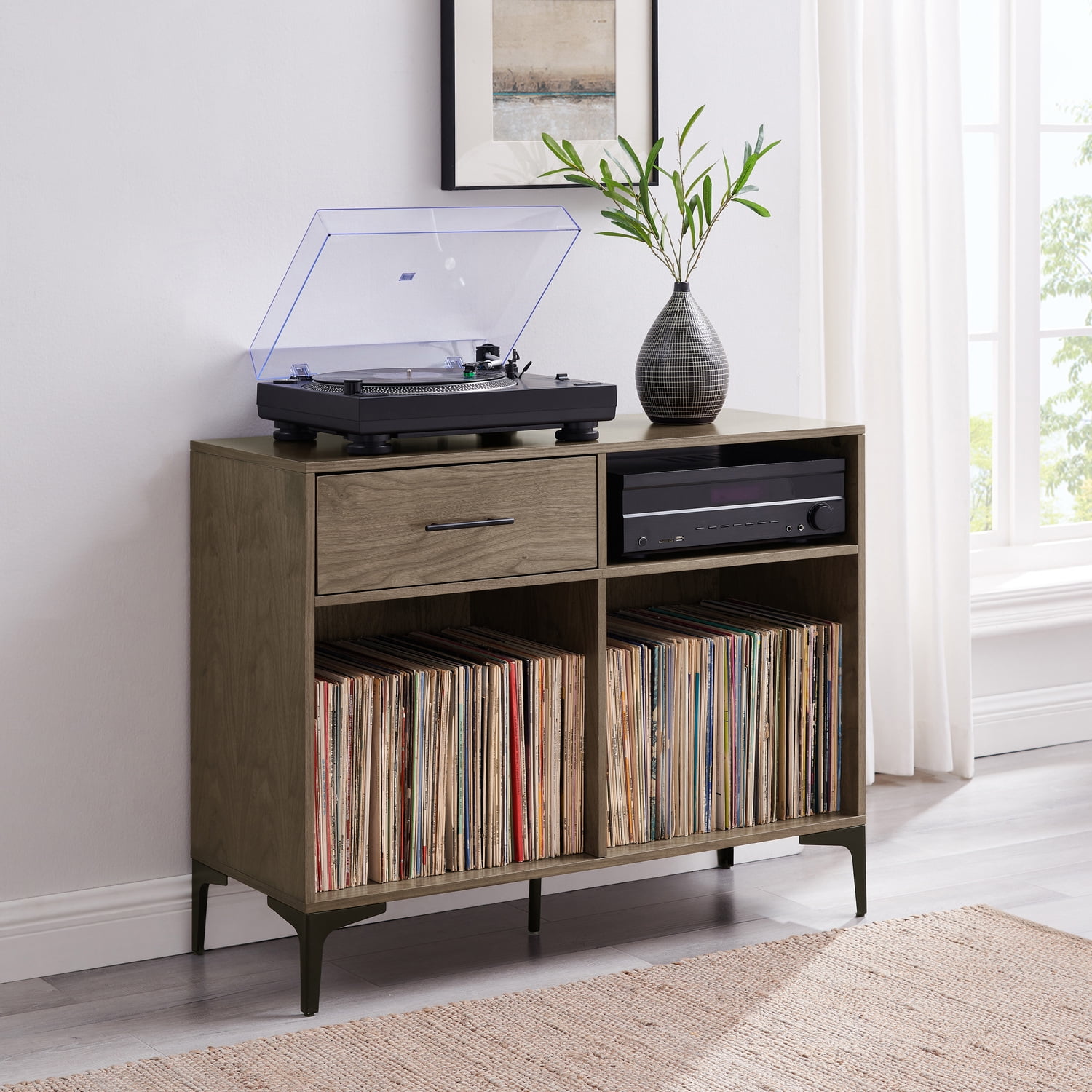 Record Storage Console - Media Cabinet with Shelves & Drawer - Vinyl ...