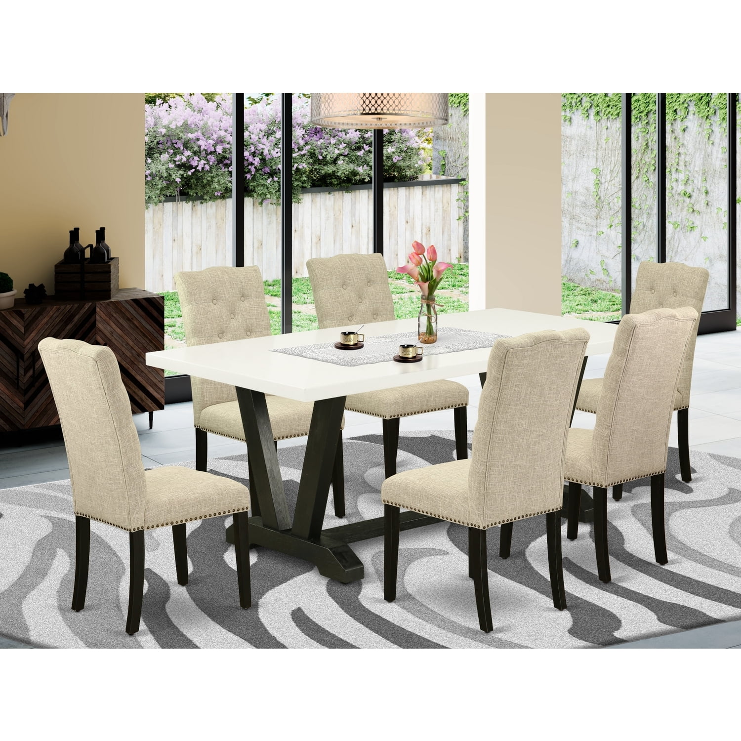 Asian Fusion 7-Piece Dining Set - 6 Parsons ChairsRectangular Table ...