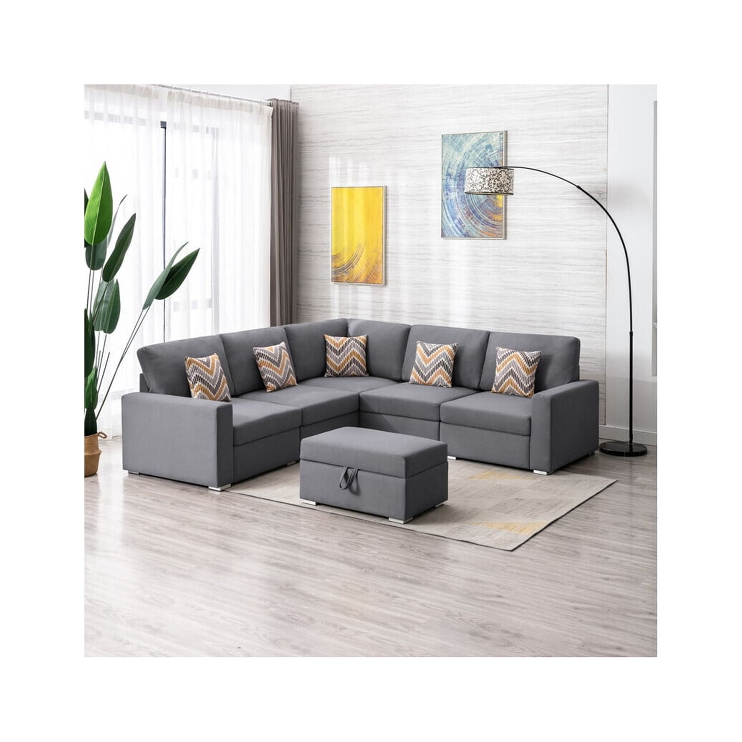 Maykoosh Beachy Beauty Gray Linen Fabric 6Pc Reversible Sectional Sofa ...