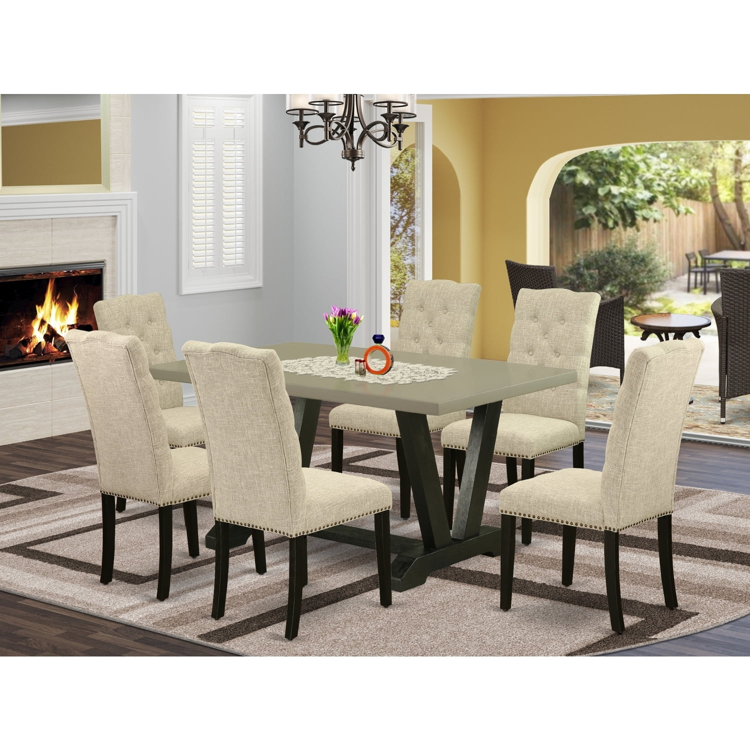 Bohemian Dining Set - 7 Piece TableChairs - Rectangular Wood Table with ...