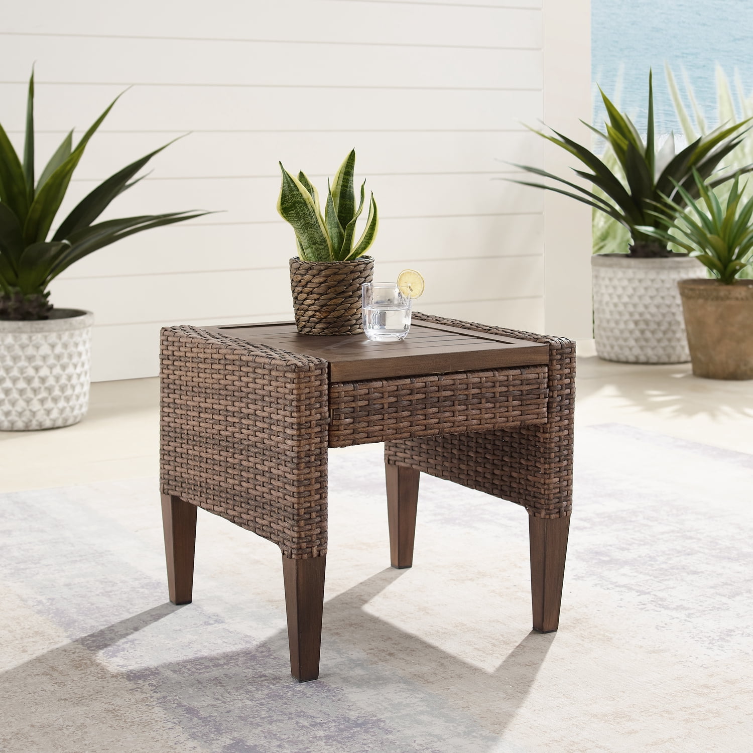 Maykoosh Coastal Craftsman Outdoor Wicker Side Table Brown, 19.75"D x ...
