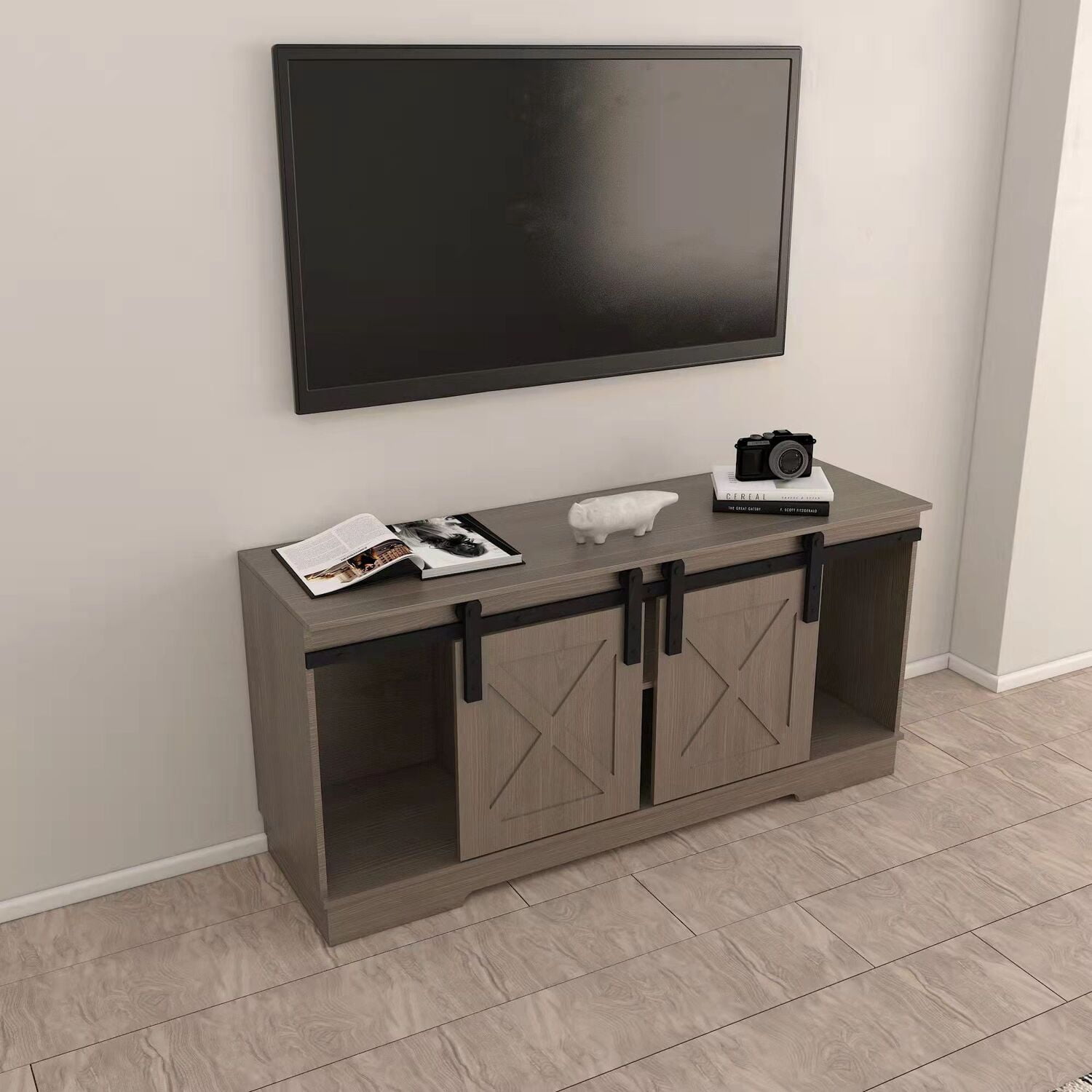 Maykoosh Coastal Craftsman Tv Stand With Sliding Barndoors In Rustic ...