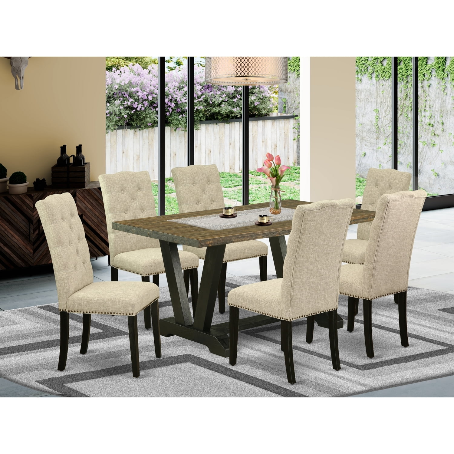 Maykoosh Country Cottage - 7-Piece Small Dining Table Set - 6 Parson ...