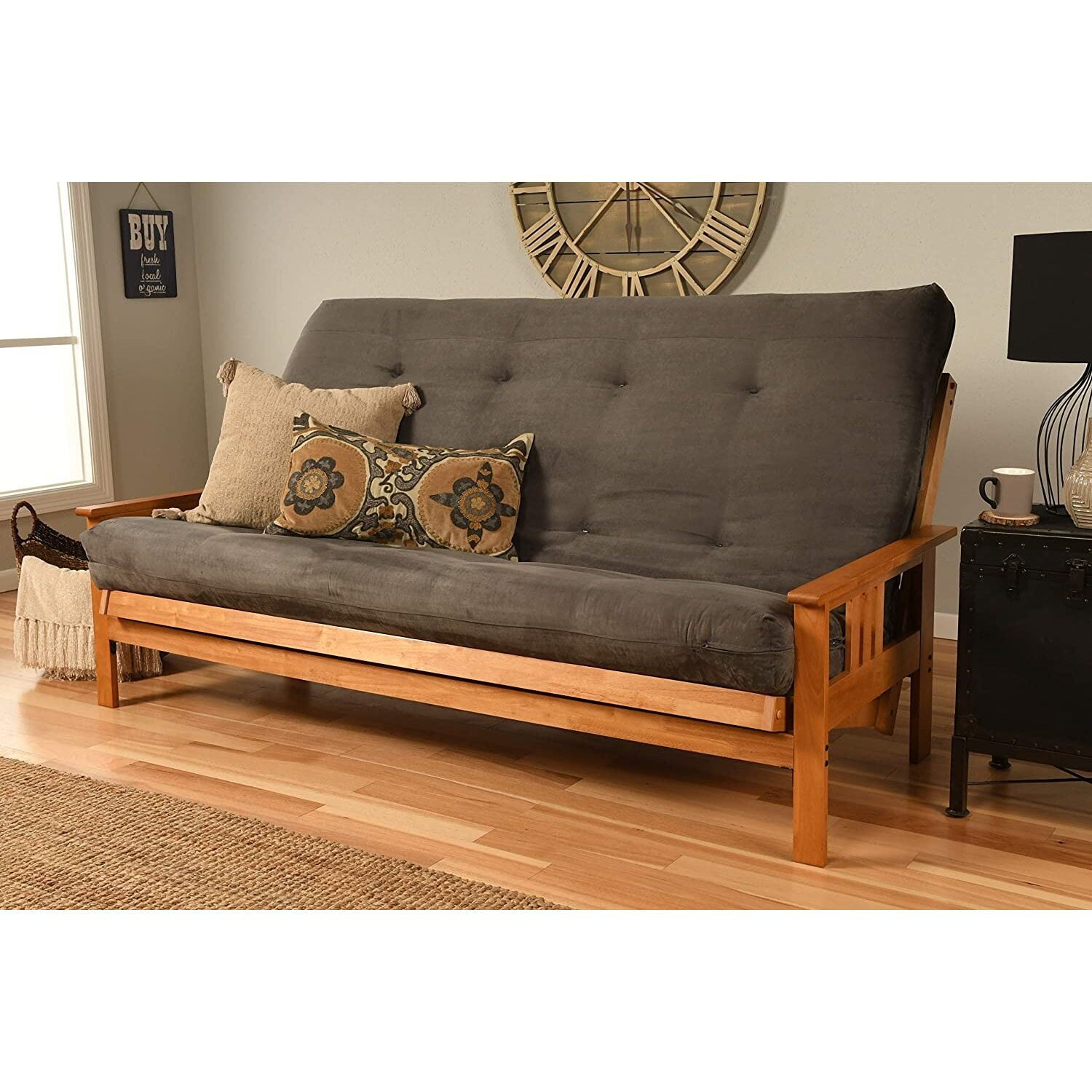 Maykoosh Queen Size Futon Frame with Suede Gray Mattress, Butternut ...