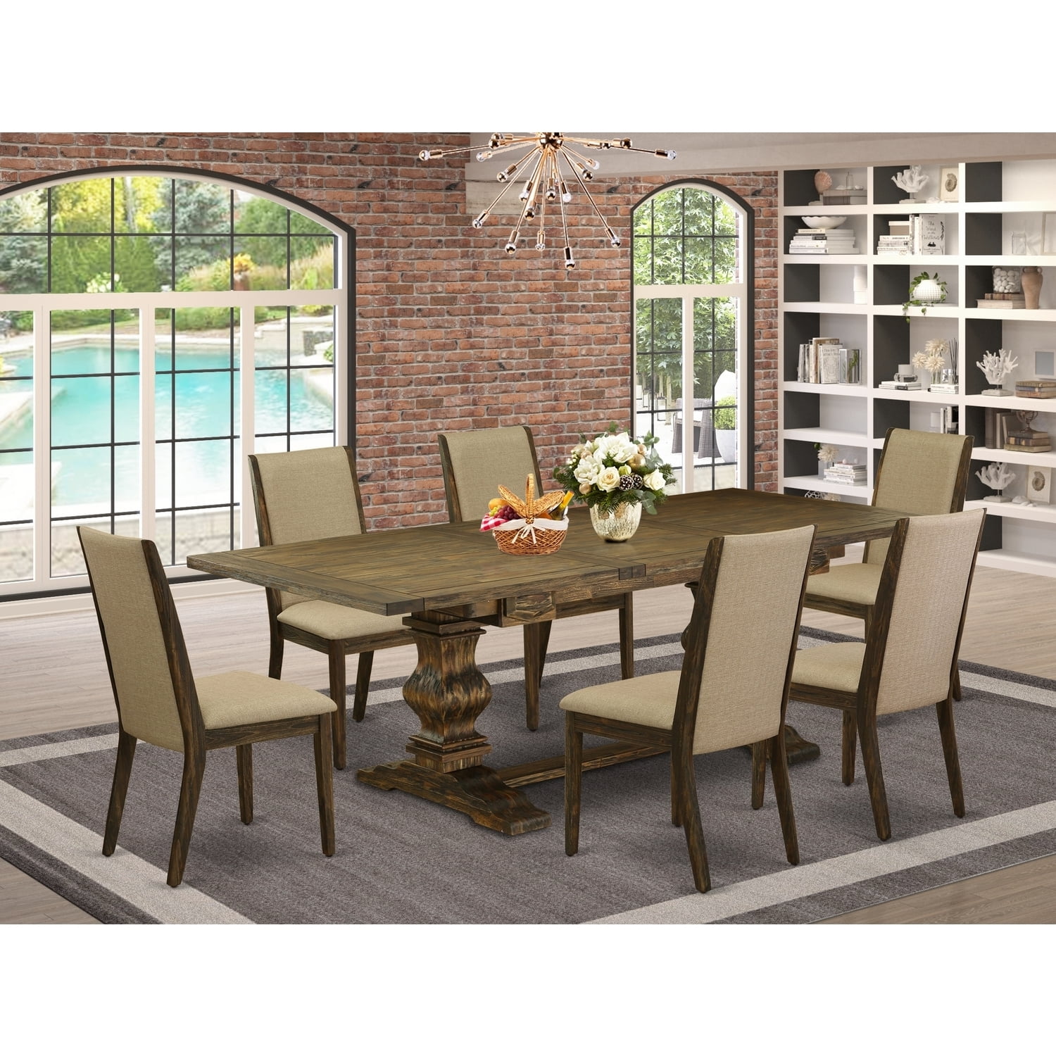 Maykoosh Gothic Grandeur 7-Pc Dining Set With ChairS Legs And Dark Khaki Linen Fabric Dining ...