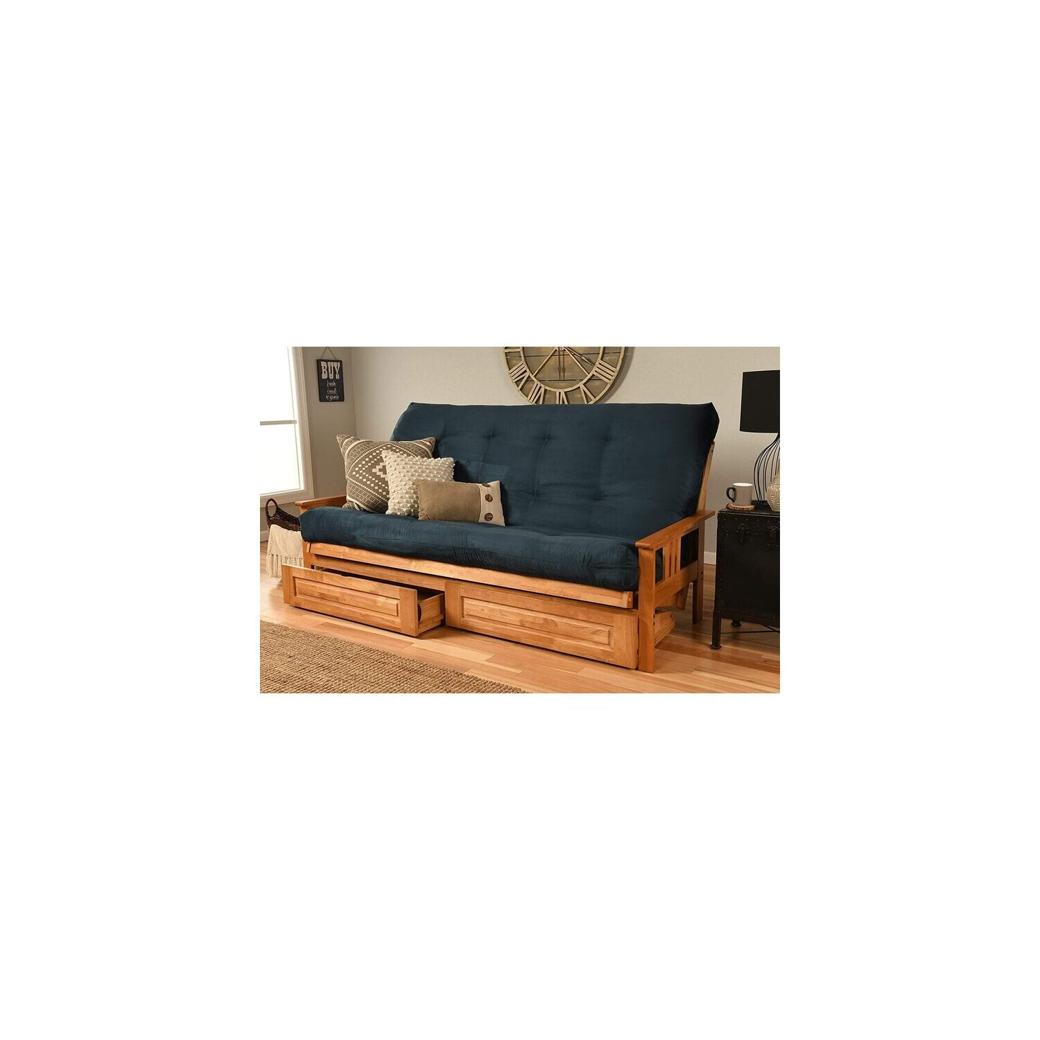 Maykoosh Hollywood Regency Futon Frame Queen-Butternut Finish-Suede ...