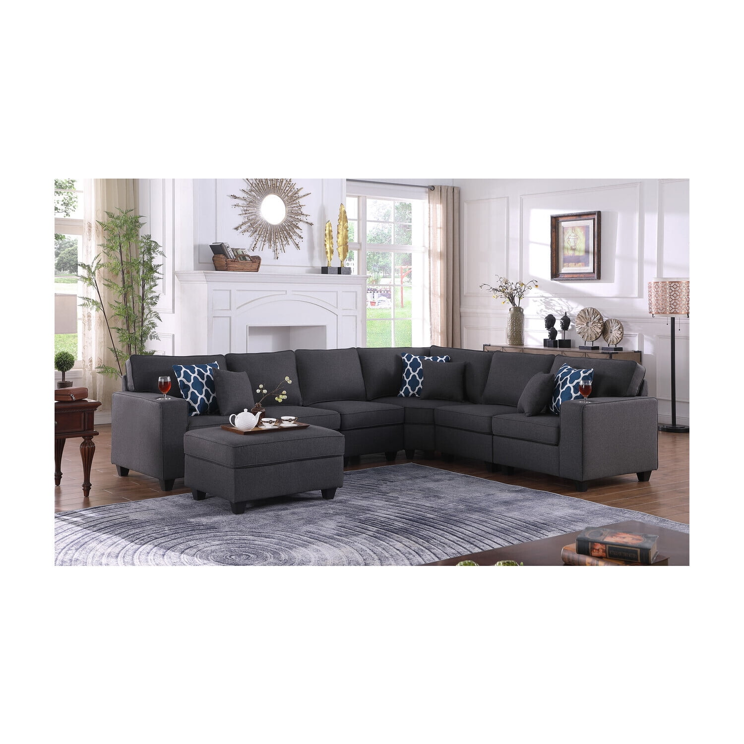 Maykoosh Sophisticated Simplicity Linen 7Pc Reversible L-Shape Sectional Sofa with Ottoman and ...