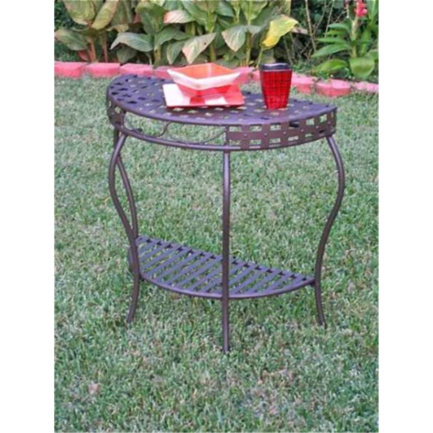 Maykoosh Iron Nailhead 2-Tier Half Moon Table in Rustic Brown ...