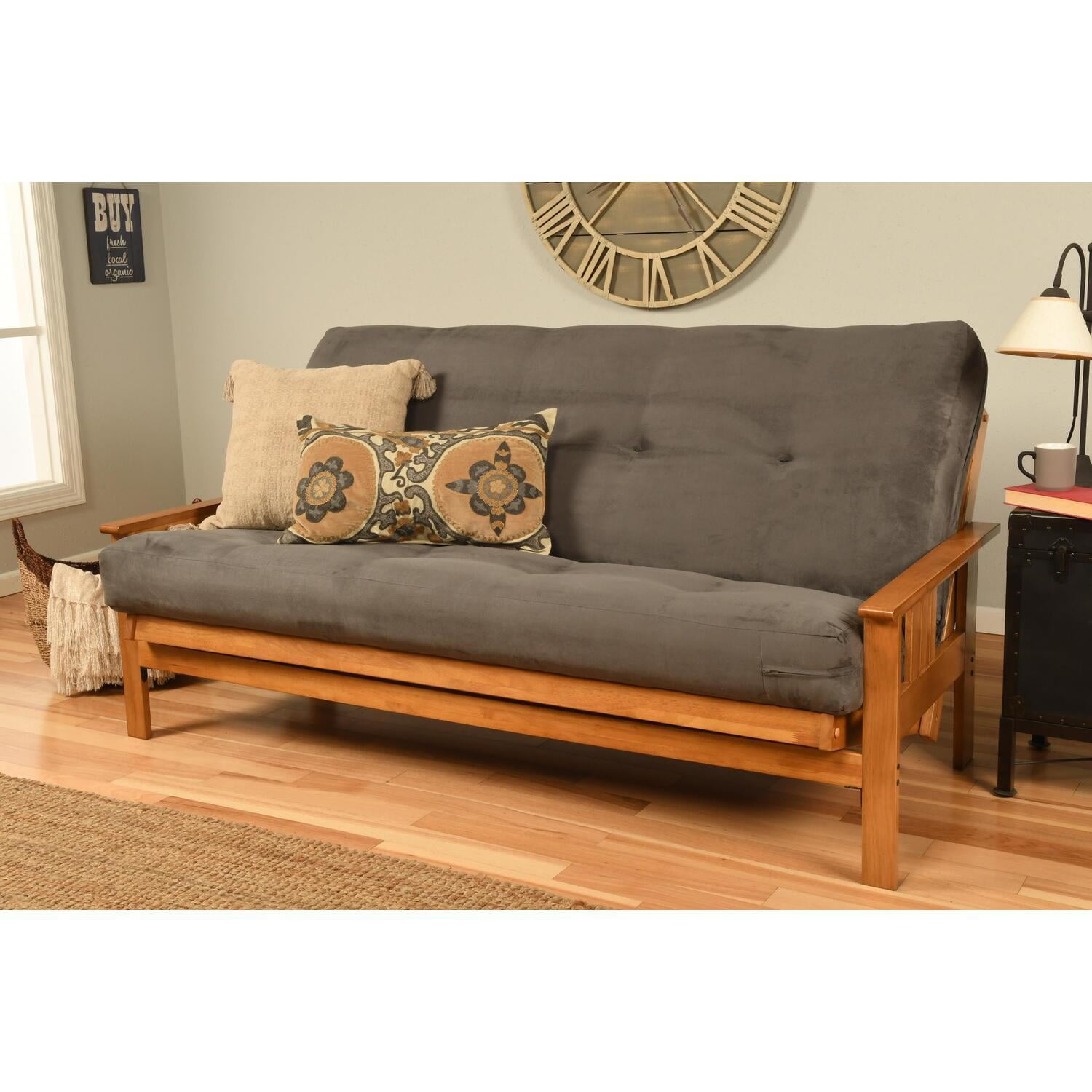 Maykoosh Mid-Century Marvel Futon Frame/Butternut Finish/Suede Gray ...
