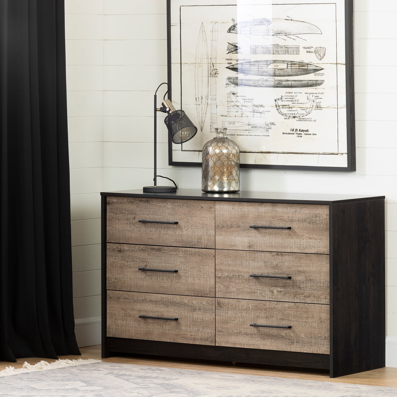 HomeStock Modern Marvel 6 Drawer Double Dresser Weathered Oak and Ebony 18.25 D x 51.25 W x 31.25 H Freestanding Storage Dresser with File Drawer