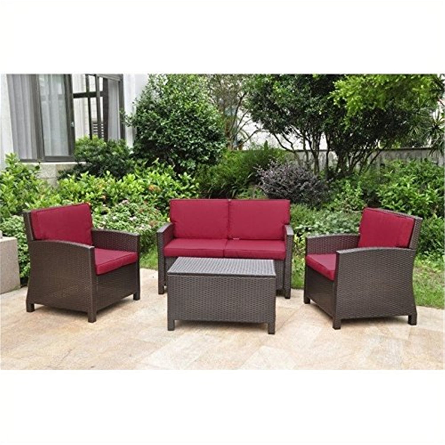 Outdoor Wicker Settee Group with Cushions - Patio Bench Chairs Table ...
